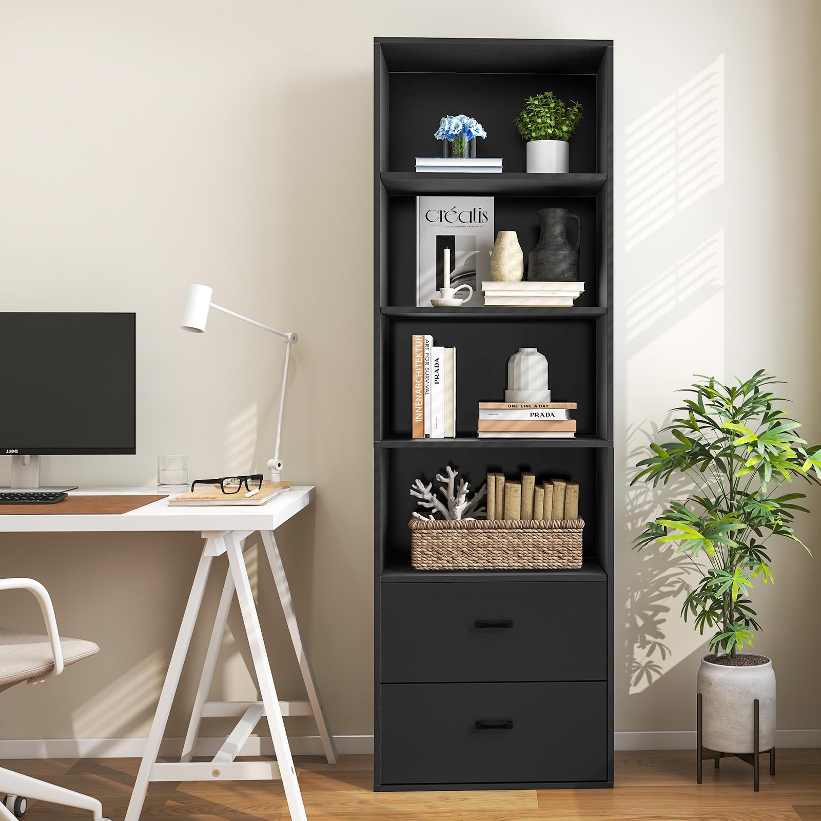 IFANNY 74" Tall Bookcase, Freestanding Open Bookshelf w/ 4 Open Shelves & 2 Drawers, Modern Display Shelf with Anti-Toppling Device, Wooden Book Shelf for Bedroom, Study, Living Room, Office