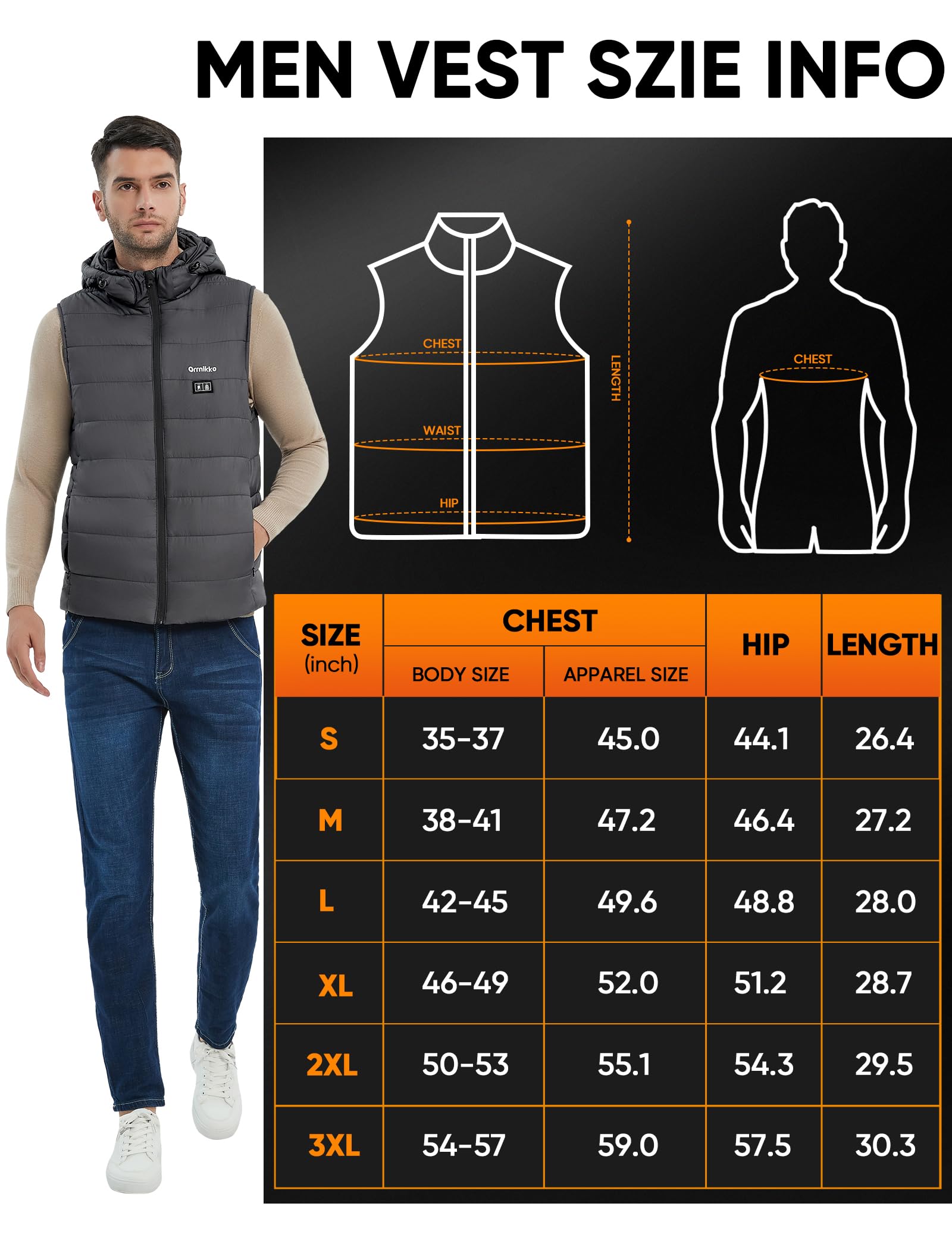 ORRNIKKO [2024 All-New] Heated Vest for Men - 7.4V 16000mAh Battery Pack and Detachable Heated Hood, Mens Heated Vest