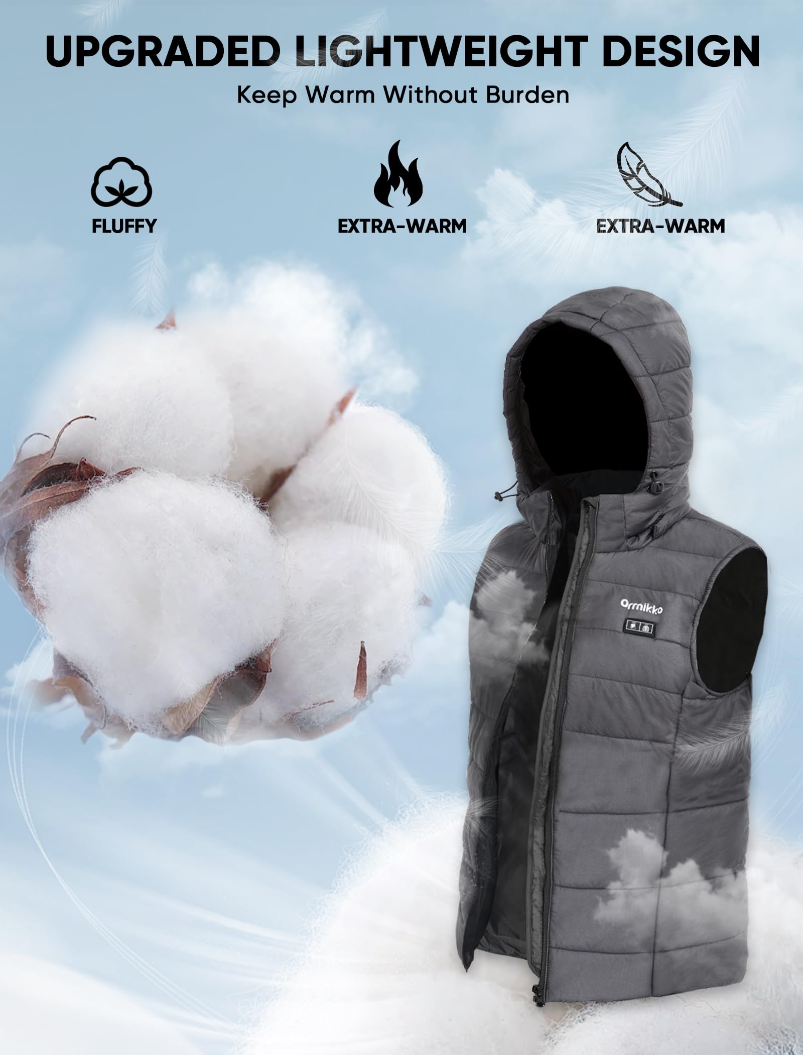 ORRNIKKO [2024 All-New] Heated Vest for Men - 7.4V 16000mAh Battery Pack and Detachable Heated Hood, Mens Heated Vest