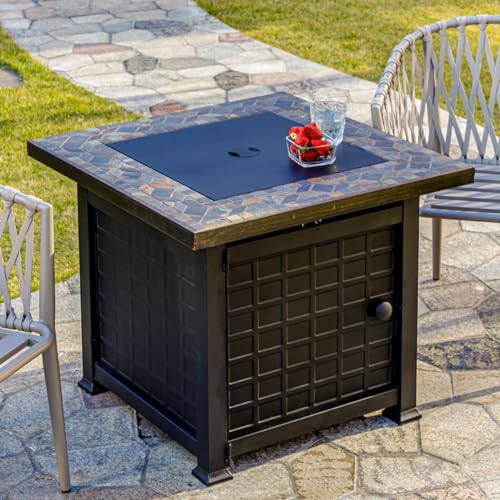 OutVue 30 inch Real Slate Propane Fire Pit Table, Gas Fire Pits for Outside Patio,50000 BTU Propane Fire Pits with Lid &Lava Rocks,Firepit for Garden,Yard