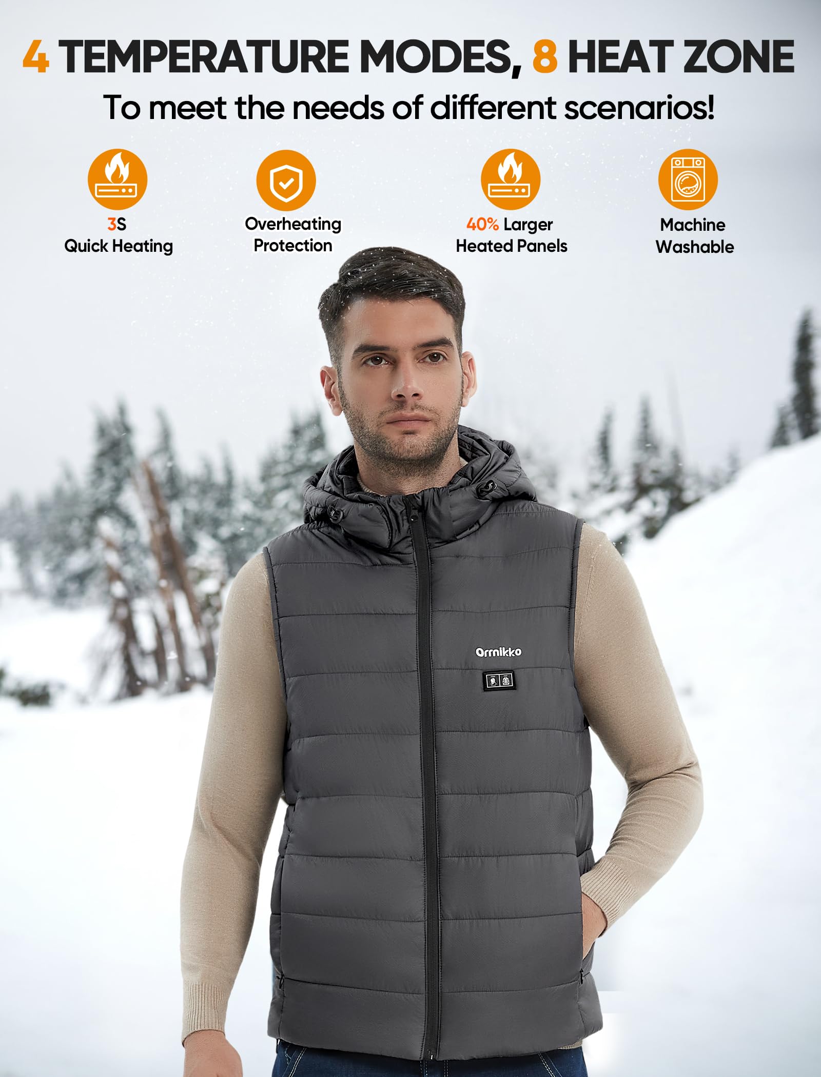 ORRNIKKO [2024 All-New] Heated Vest for Men - 7.4V 16000mAh Battery Pack and Detachable Heated Hood, Mens Heated Vest