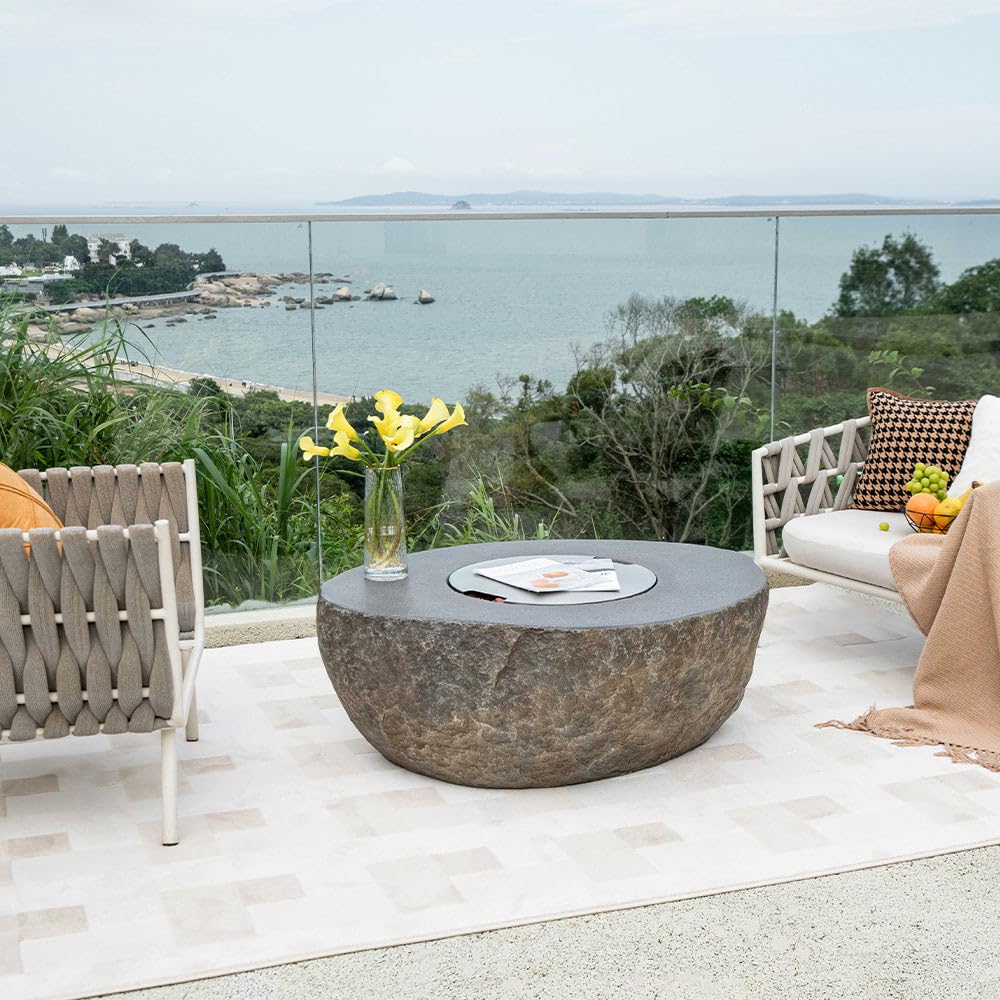 Boulder Concrete Fire Pit 43" x 35" Outdoor Patio Natural Gas Firepit Includes Lava Rocks Modern Fire Pits & Outdoor Fireplaces for Garden, Deck, Indoor & Outdoor Heating