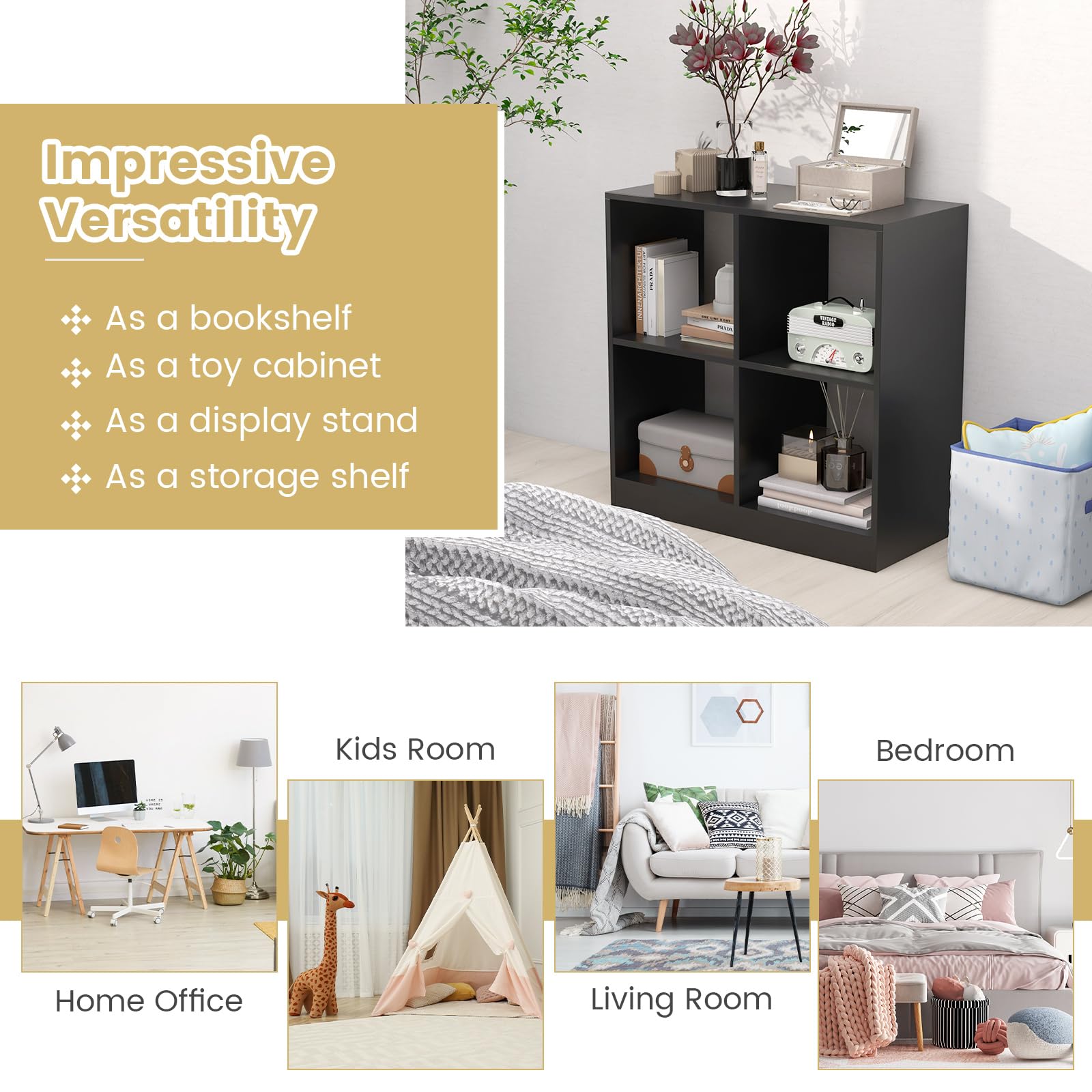 Tangkula 4-Cube Bookcase, Freestanding Open Bookshelf, 2 Anti-Tipping Kits, Modern Cube Storage Wooden Display Shelf for Living Room Kids Room, Easy Assembly (Black, 29 x 13 x 29 Inch)