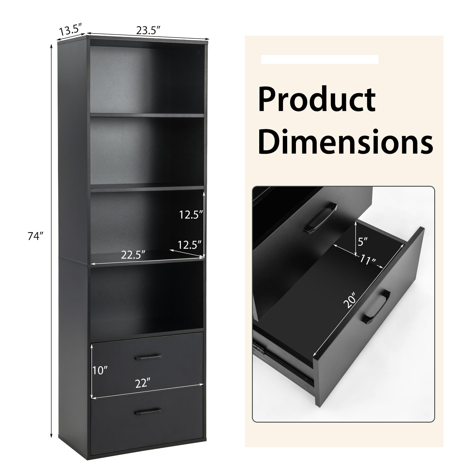 IFANNY 74" Tall Bookcase, Freestanding Open Bookshelf w/ 4 Open Shelves & 2 Drawers, Modern Display Shelf with Anti-Toppling Device, Wooden Book Shelf for Bedroom, Study, Living Room, Office