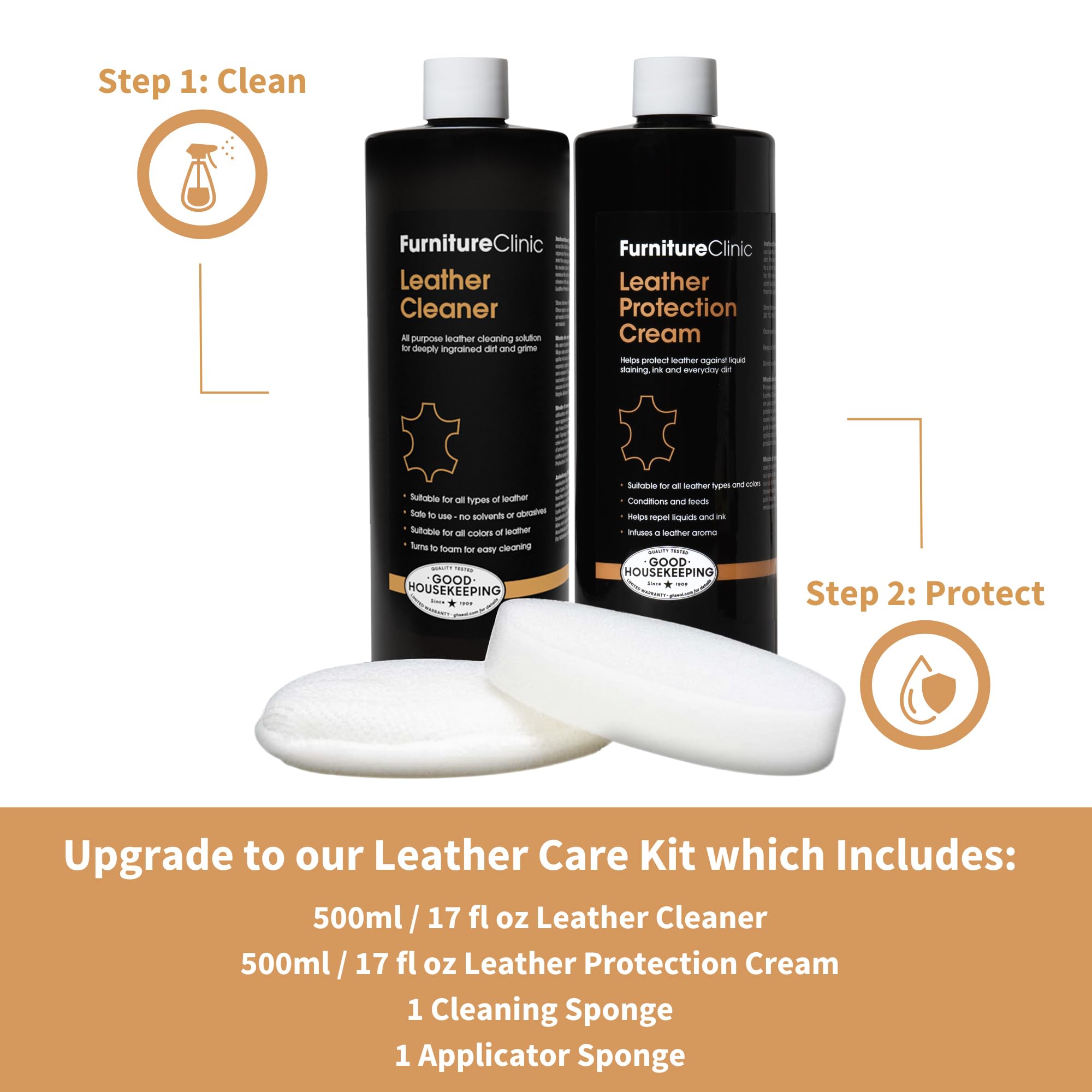 Furniture Clinic Leather Cleaner | Non-Toxic | Removes Dirt & Grime | All-Purpose Cleaning Solution for Couches, Car Seats, Purses, Shoes & Saddles | Restores All Leather Types | 8.5oz / 250ml