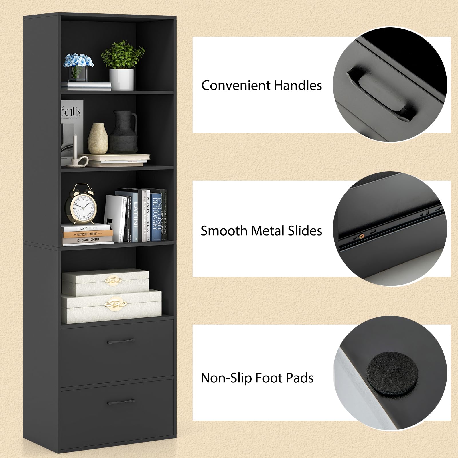 IFANNY 74" Tall Bookcase, Freestanding Open Bookshelf w/ 4 Open Shelves & 2 Drawers, Modern Display Shelf with Anti-Toppling Device, Wooden Book Shelf for Bedroom, Study, Living Room, Office