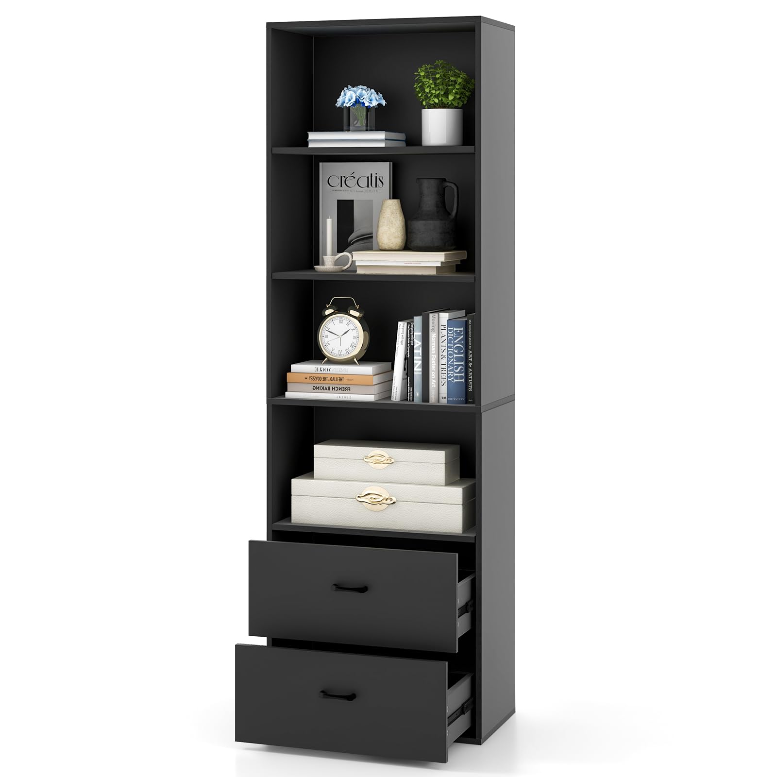 IFANNY 74" Tall Bookcase, Freestanding Open Bookshelf w/ 4 Open Shelves & 2 Drawers, Modern Display Shelf with Anti-Toppling Device, Wooden Book Shelf for Bedroom, Study, Living Room, Office