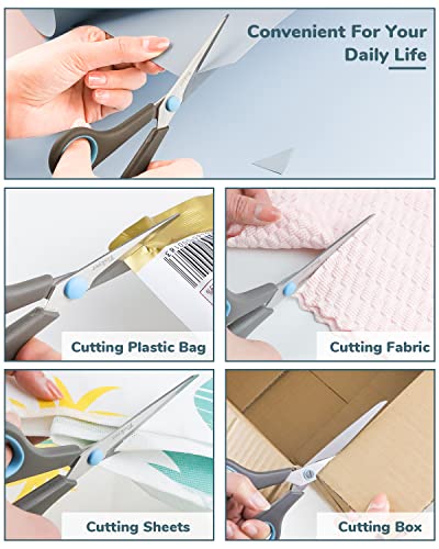 Teskyer Scissors Set of 4 Pack, 4 Sizes All-Purpose Stainless Steel Scissors with Comfort Soft Grip for Craft, School, Office and Family Daily Use, 9.6"/8.4"/6.3"/5.5", Blue & Grey