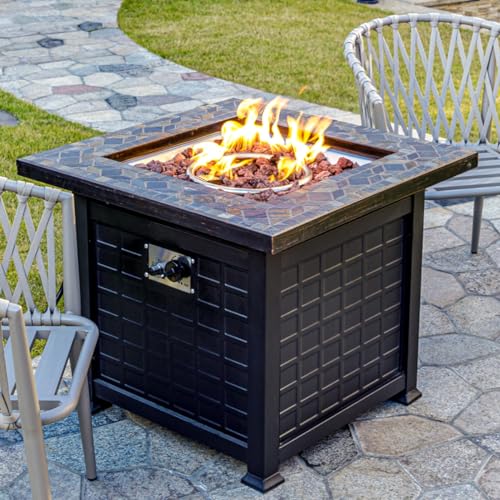OutVue 30 inch Real Slate Propane Fire Pit Table, Gas Fire Pits for Outside Patio,50000 BTU Propane Fire Pits with Lid &Lava Rocks,Firepit for Garden,Yard