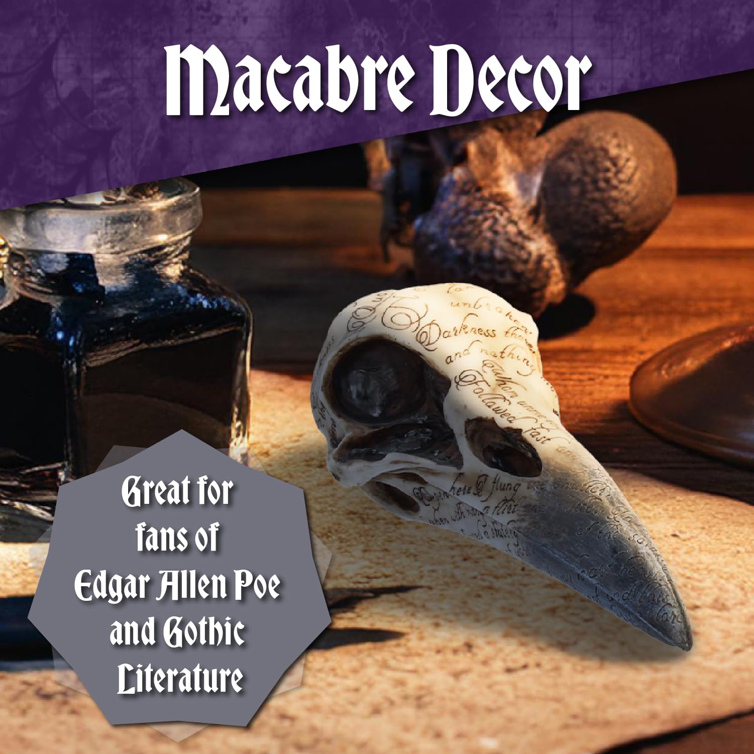 Nemesis Now Edgar's Raven Skull Figurine, Gothic Decor, Bird Skeleton, Hand-Painted Resin, Edgar Allan Poe Themed Ornament with Engraved Poem, 21cm