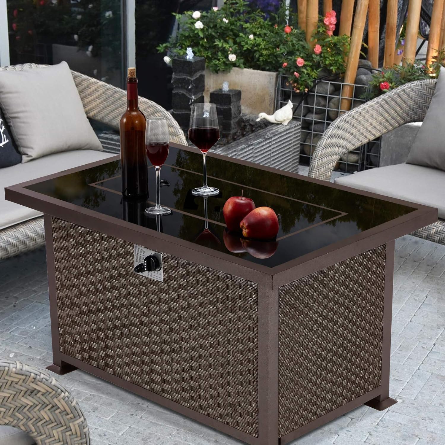 U-MAX 44in Outdoor Propane Gas Fire Pit Table, 50,000 BTU Auto-Ignition Gas Firepit with Glass Wind Guard, Black Tempered Glass Tabletop & Blue Glass Rock, Brown PE Rattan, CSA Certification