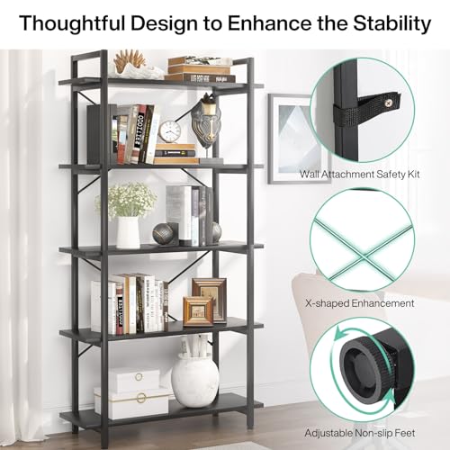 Tribesigns 5 Tier Black Bookshelf, Modern Etagere Bookcase with Metal Frame, Tall Book Shelf Unit for Living Room, Study, Home Office (2, Black)