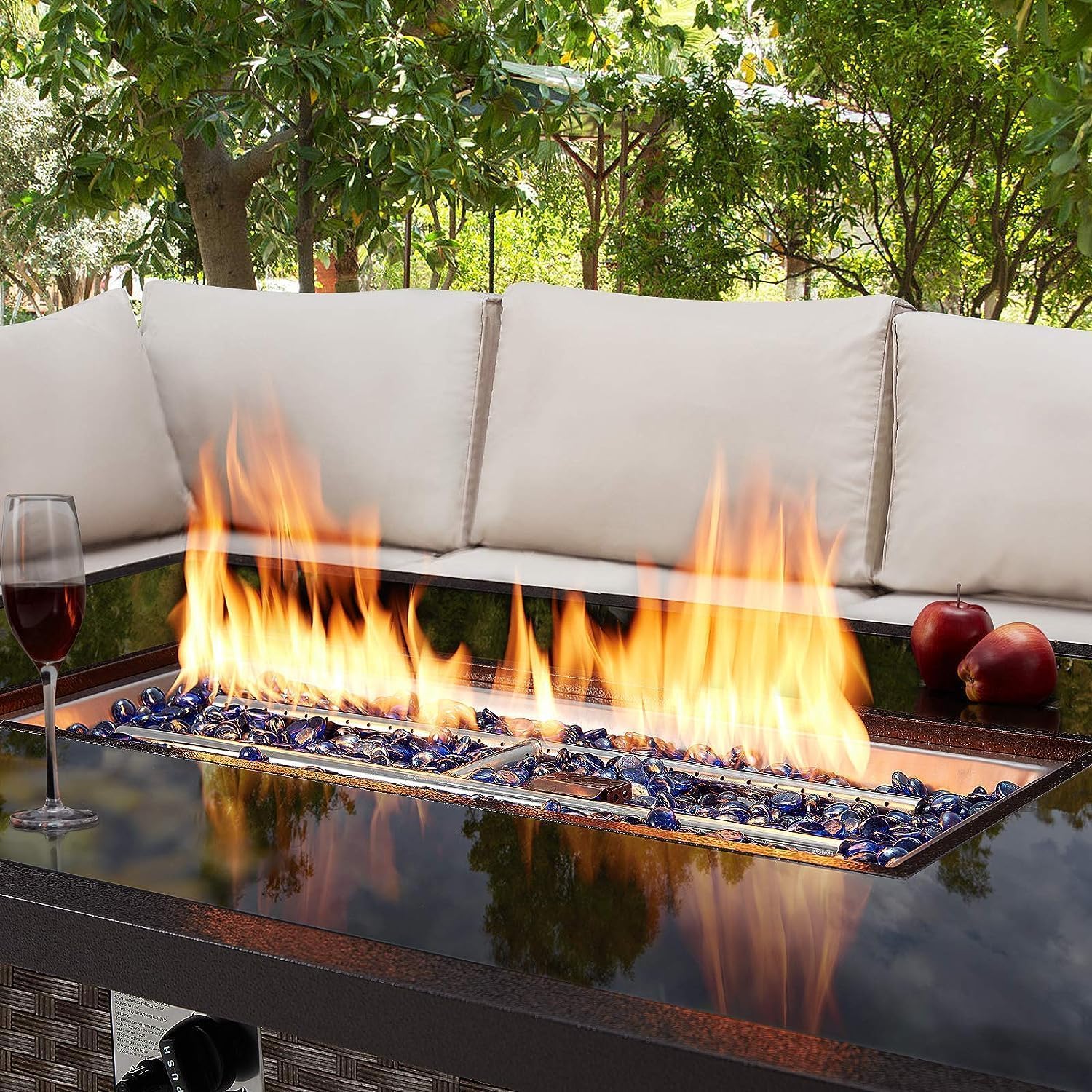 U-MAX 44in Outdoor Propane Gas Fire Pit Table, 50,000 BTU Auto-Ignition Gas Firepit with Glass Wind Guard, Black Tempered Glass Tabletop & Blue Glass Rock, Brown PE Rattan, CSA Certification