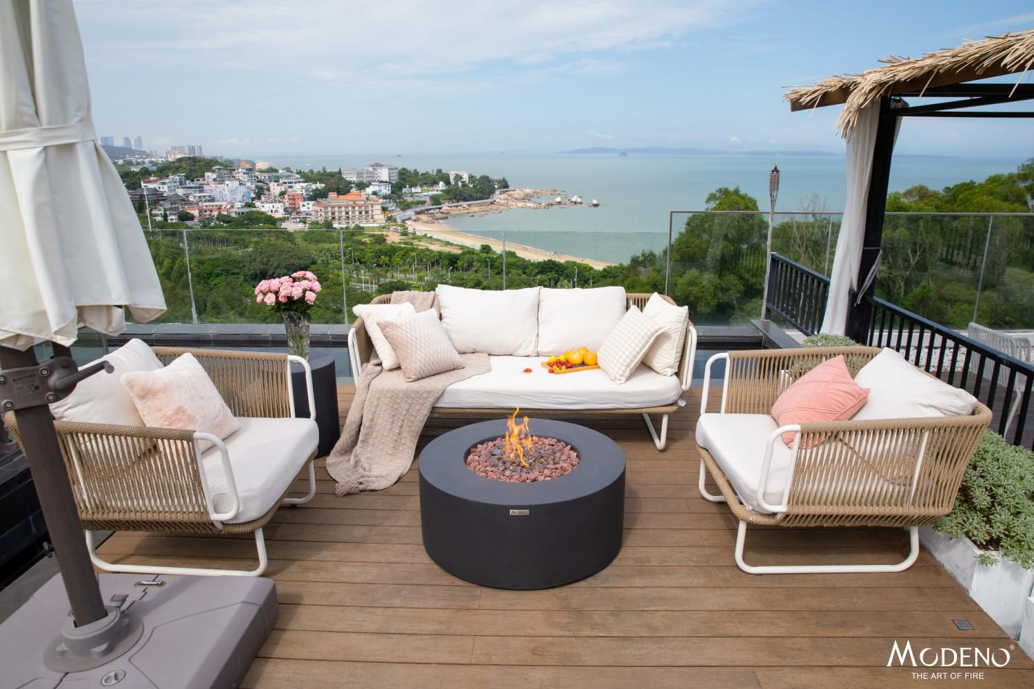 Modeno Venice Outdoor Table 34 Inches Natural Gas Fire Pit Patio Heater Concrete Firepits Outside Electronic Ignition Backyard Fireplace Cover Lava Rock Included