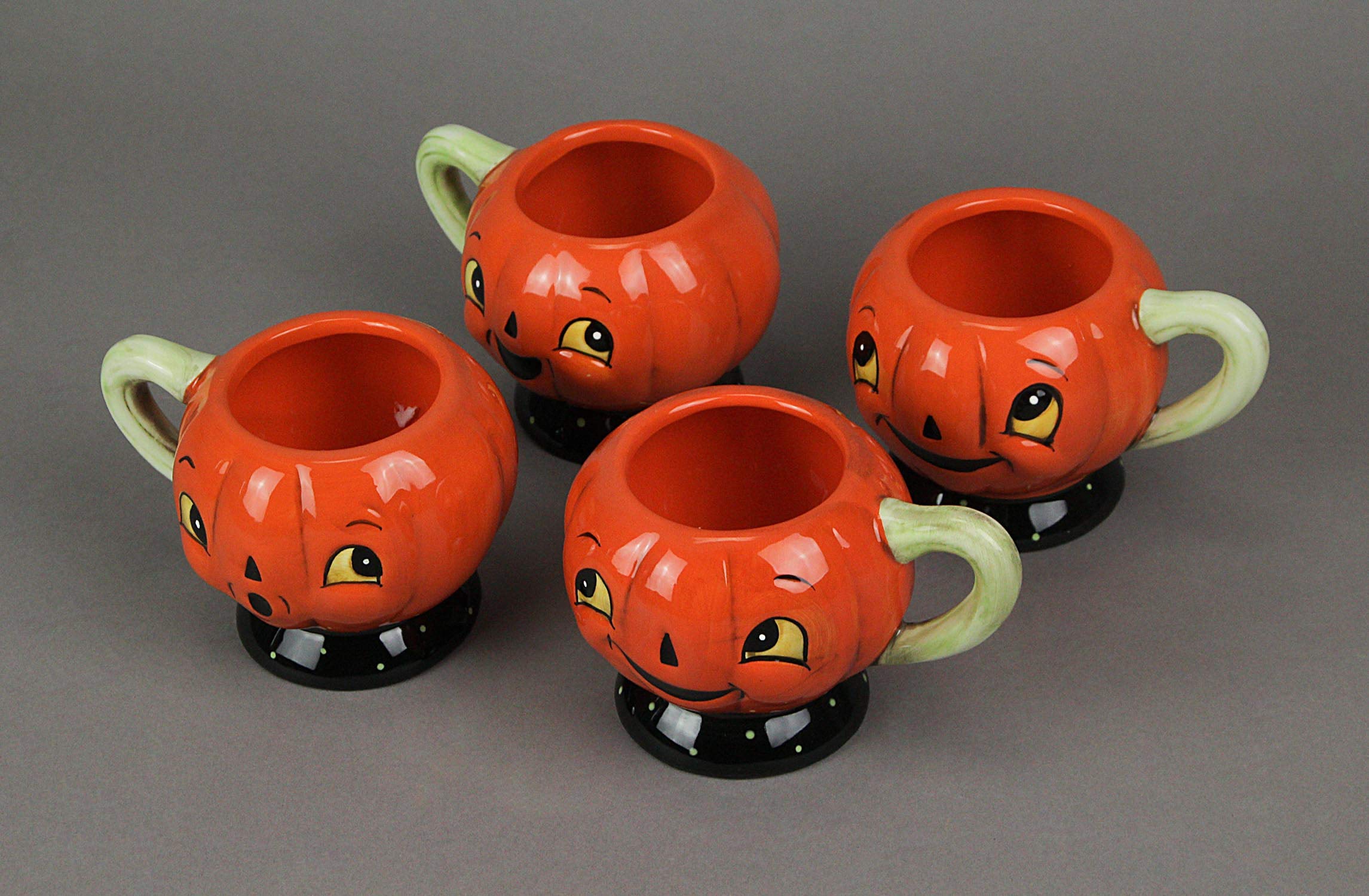 Johanna Parker Design Dolomite Set of 4 Jack O' Lantern Pumpkin Coffee or Tea Mugs