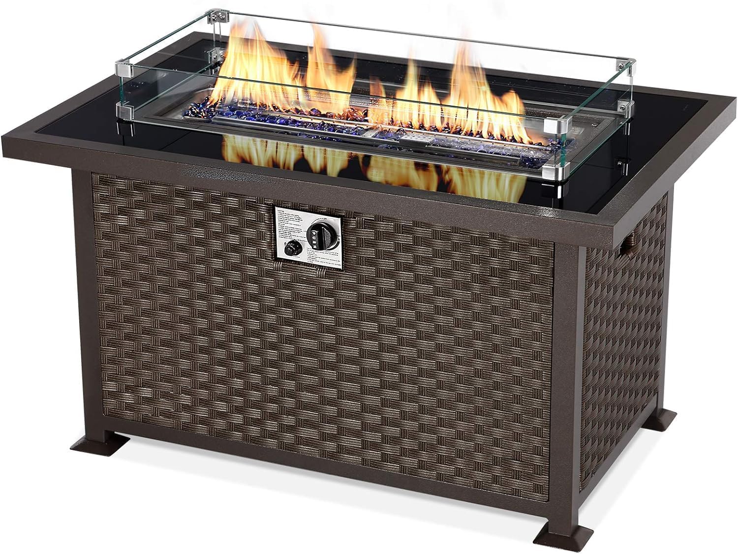 U-MAX 44in Outdoor Propane Gas Fire Pit Table, 50,000 BTU Auto-Ignition Gas Firepit with Glass Wind Guard, Black Tempered Glass Tabletop & Blue Glass Rock, Brown PE Rattan, CSA Certification