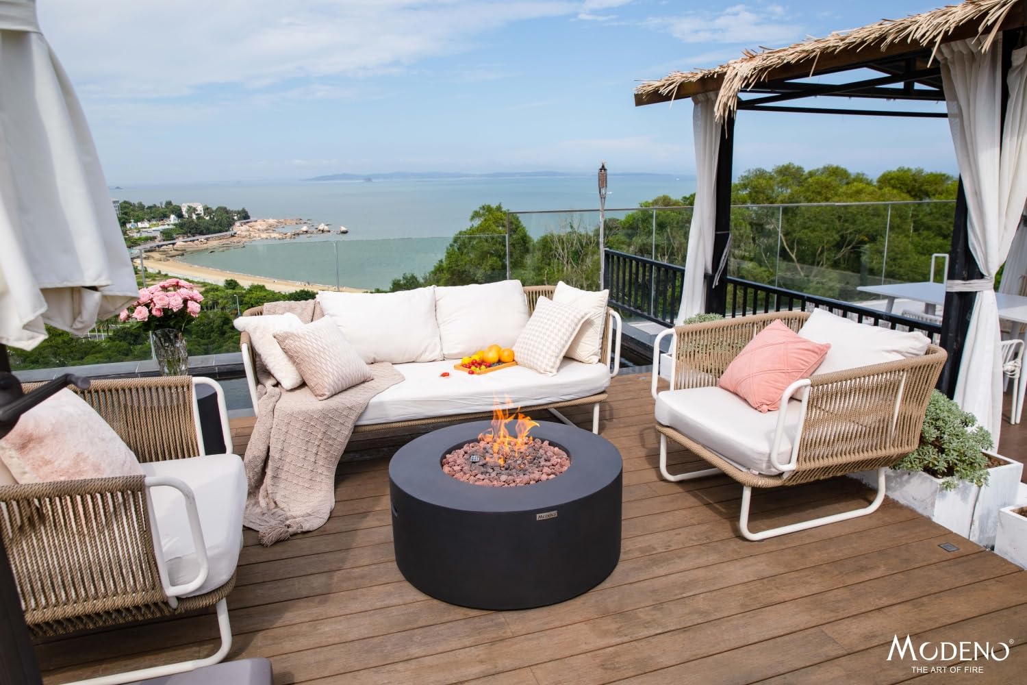 Modeno Venice Outdoor Table 34 Inches Natural Gas Fire Pit Patio Heater Concrete Firepits Outside Electronic Ignition Backyard Fireplace Cover Lava Rock Included