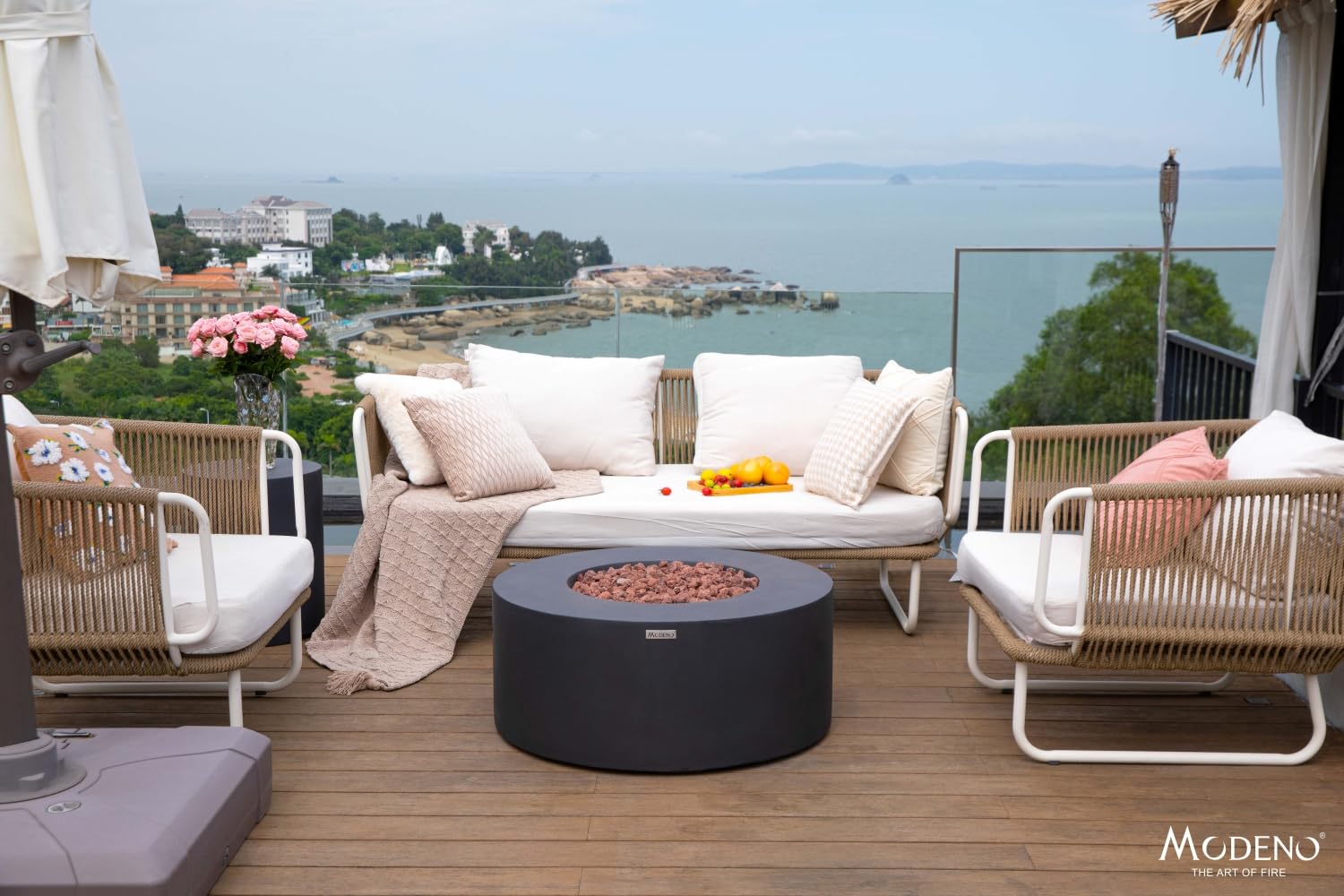 Modeno Venice Outdoor Table 34 Inches Natural Gas Fire Pit Patio Heater Concrete Firepits Outside Electronic Ignition Backyard Fireplace Cover Lava Rock Included
