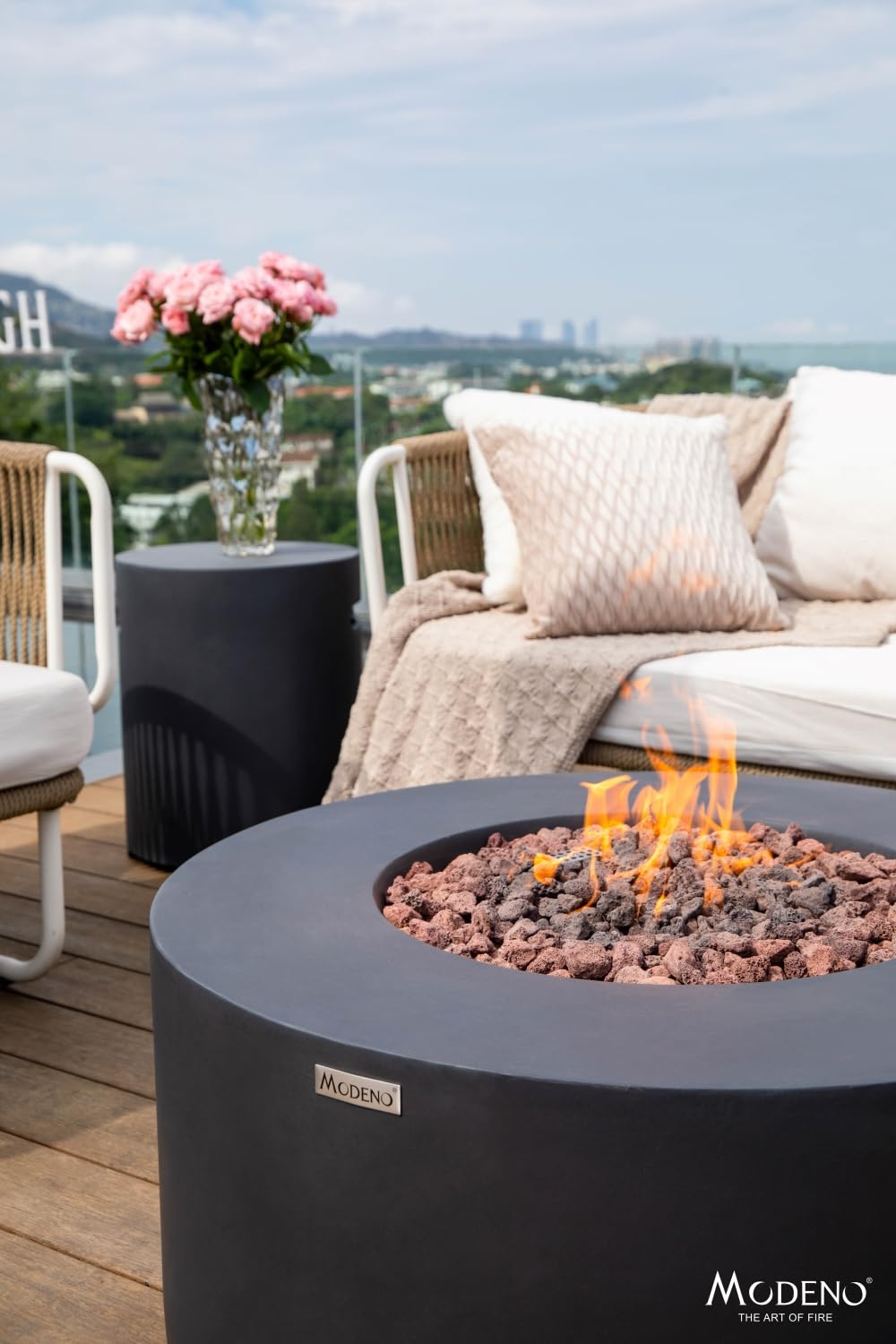 Modeno Venice Outdoor Table 34 Inches Natural Gas Fire Pit Patio Heater Concrete Firepits Outside Electronic Ignition Backyard Fireplace Cover Lava Rock Included