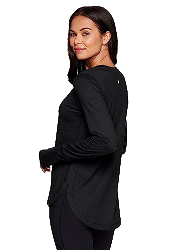 RBX Active Women's Long Sleeve Tunic Tee, Lightweight Crewneck Pullover T-Shirt, Super Soft Relaxed Fit Yoga Top F22 Black Heather M