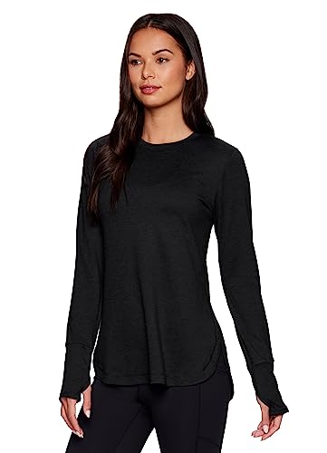 RBX Active Women's Long Sleeve Tunic Tee, Lightweight Crewneck Pullover T-Shirt, Super Soft Relaxed Fit Yoga Top F22 Black Heather M