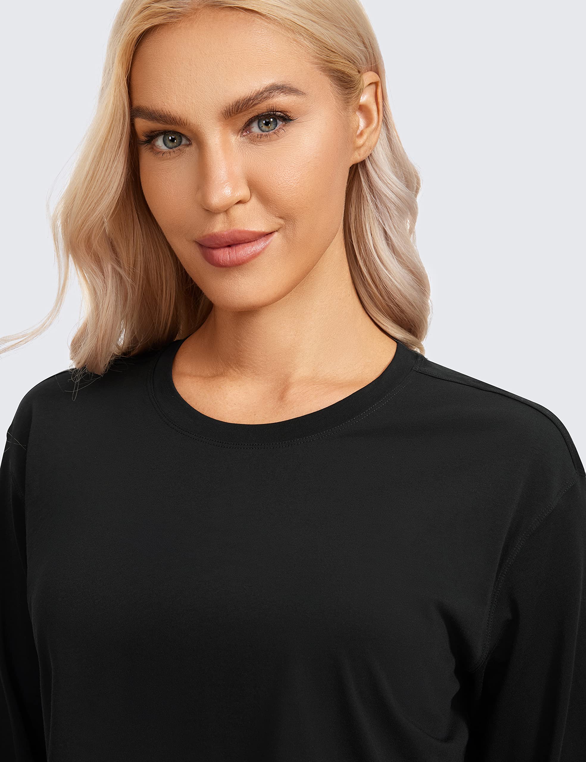 CRZ YOGA Pima Cotton Long Sleeve Shirts for Women Loose Workout Crop Tops Athletic Gym Cropped Basic T-Shirts Black Small