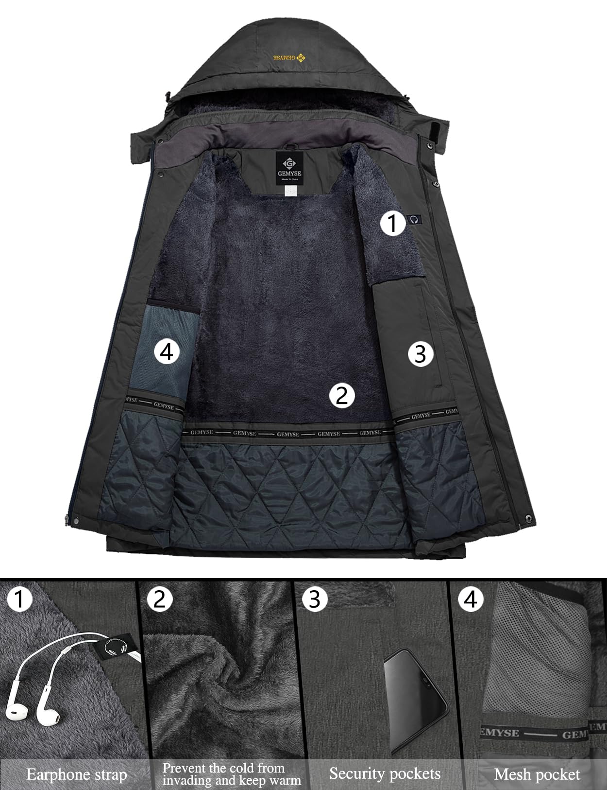 GEMYSE Women's Ski Snow Jacket Warm Winter Waterproof Coat Snowboard Rain Jacket Hooded Windproof Windbreaker(Graphite Grey,Medium)