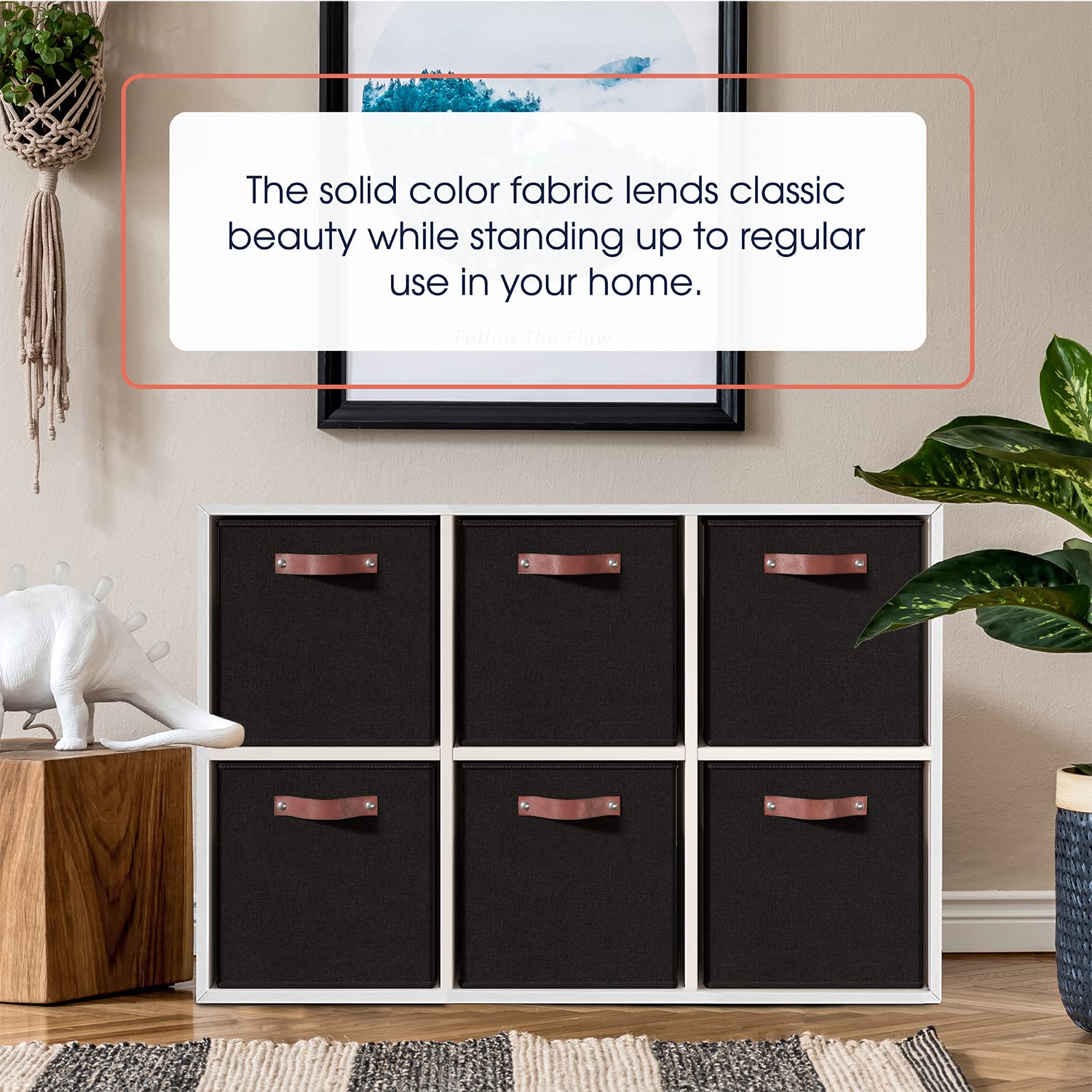 Ornavo Home 11 x 11 Storage Cube Bins, Foldable Collapsible Fabric Storage Bins Box Linen Shelf Basket Cube Organizer for Closet with Leather Handles, 6 Pack, Black