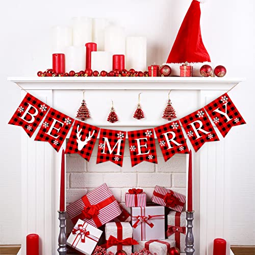 Plaid Be Merry Banner Burlap Christmas Rustic Bunting Banner for Christmas Hanging Decorations