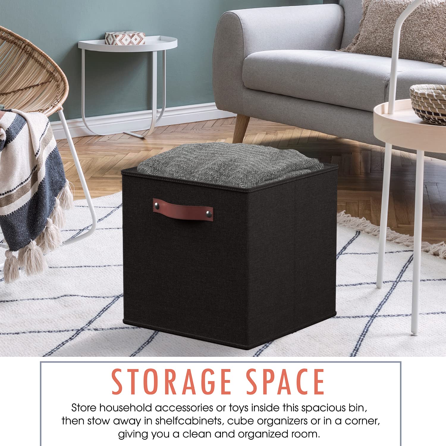 Ornavo Home 11 x 11 Storage Cube Bins, Foldable Collapsible Fabric Storage Bins Box Linen Shelf Basket Cube Organizer for Closet with Leather Handles, 6 Pack, Black