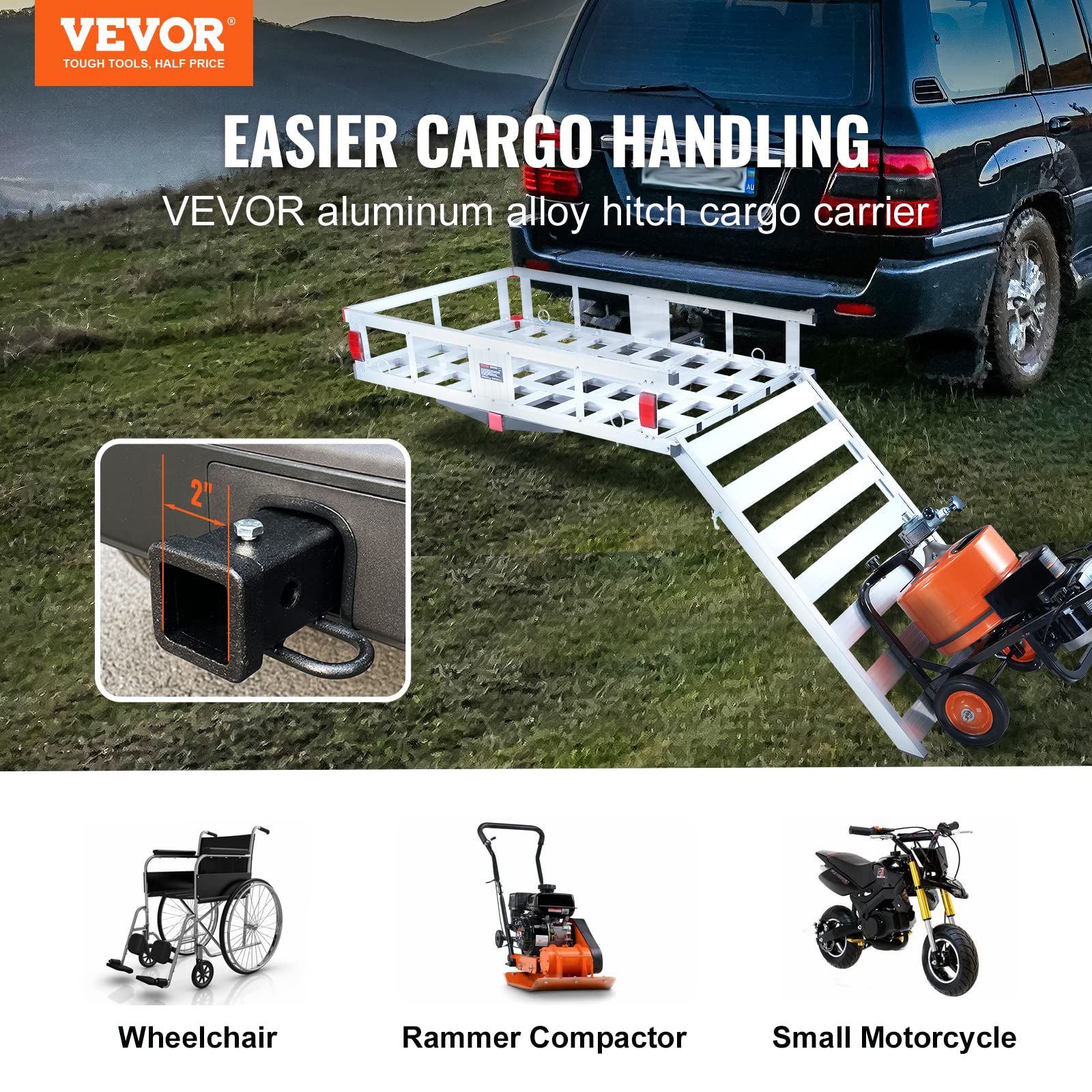 VEVOR 50 x 29.5 x 8.7 in Hitch Cargo Carrier, 500lb Capacity Trailer Hitch Mount Aluminum Cargo Basket with Folding Ramp, Luggage Carrier Rack Fits 2" Hitch Receiver for SUV Truck Pickup Camping