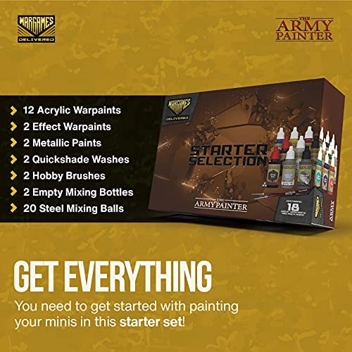 Wargames Delivered The Army Painter Starter Miniature Paint Sets - Acrylic Model Paint Set for Plastic Minis - Miniature Painting Kit - 18 Acrylic Paints, 2 Hobby Paint Brushes, Mixing Balls & Bottles