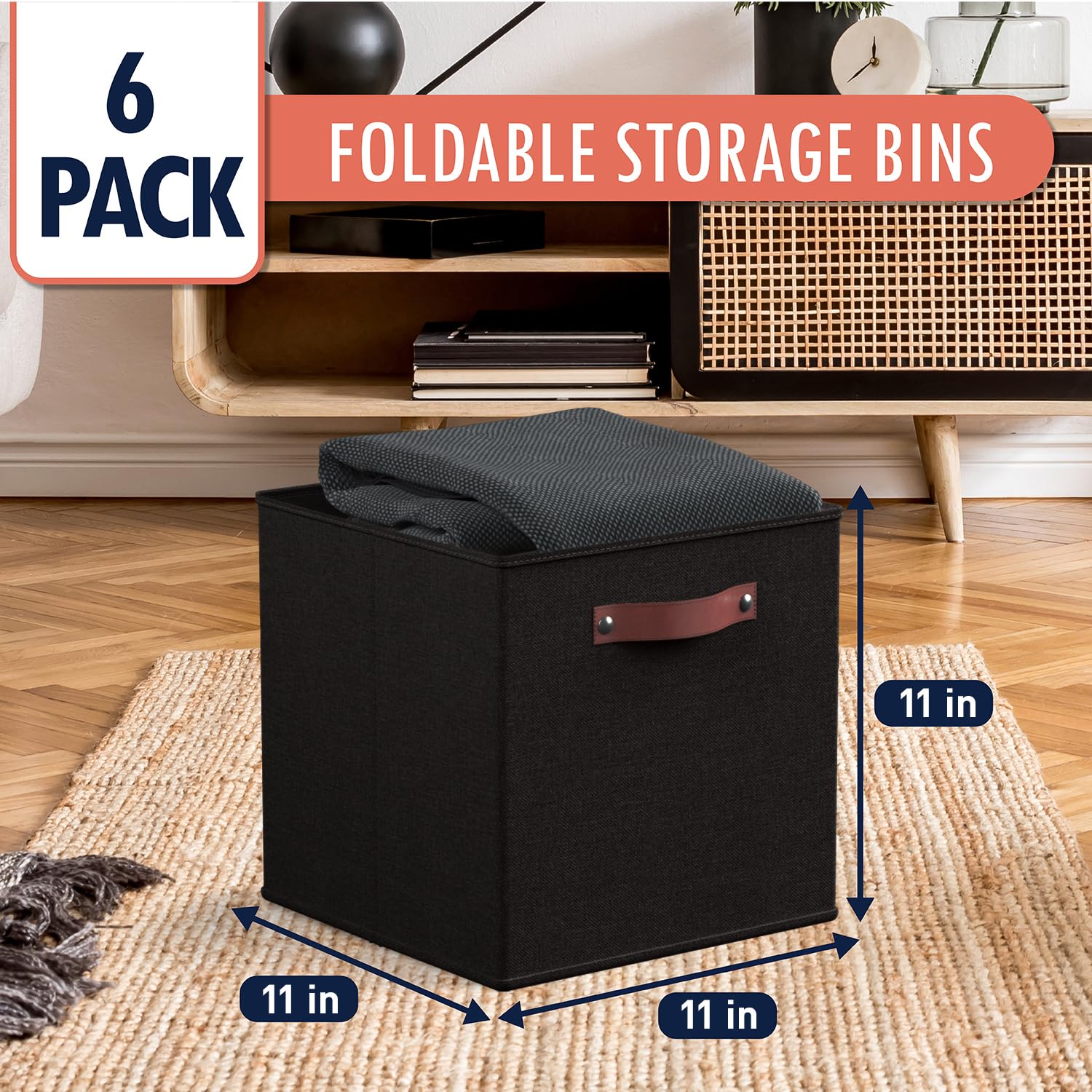Ornavo Home 11 x 11 Storage Cube Bins, Foldable Collapsible Fabric Storage Bins Box Linen Shelf Basket Cube Organizer for Closet with Leather Handles, 6 Pack, Black