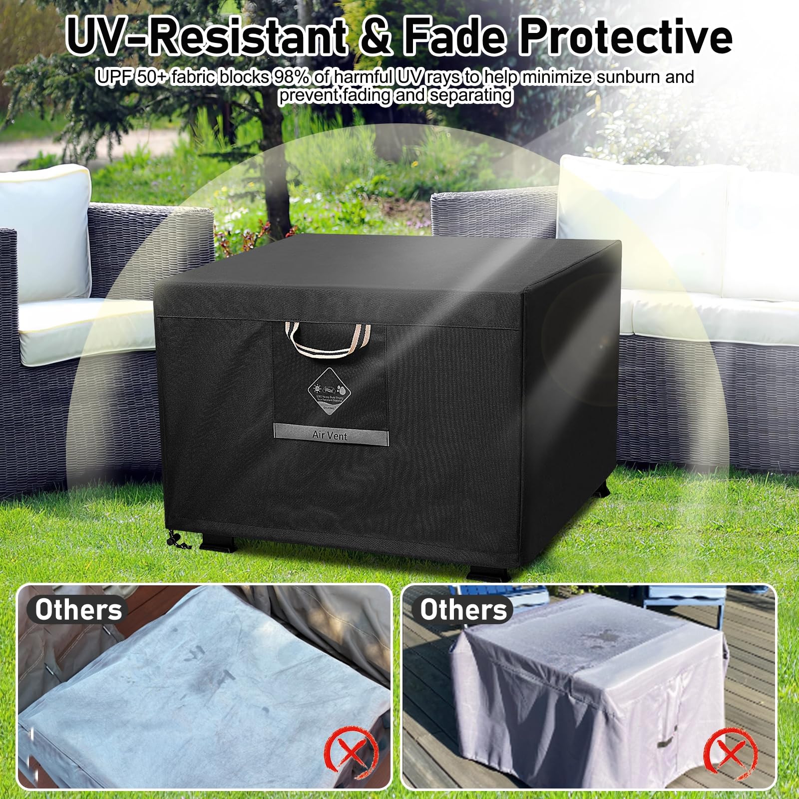 QH.HOME Fire Pit Cover Square Super Waterproof, 44" L x 44" W x 24" H Outdoor Firepit Table Cover 600D Strong Tear Resistant, UPF 50+ Fire Pit Cover Fading Resistant for Square Fire Pit - Black