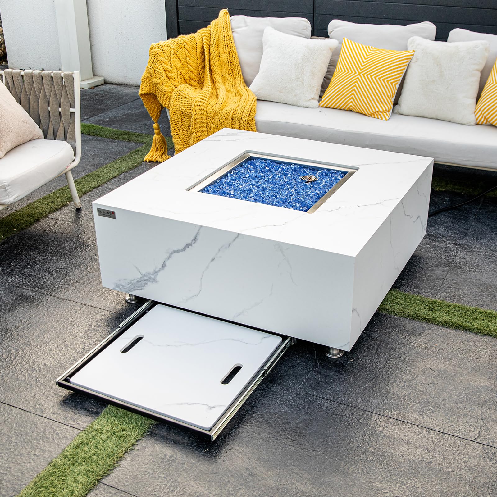 ELEMENTI Outdoor Fire Table Natural Gas 60,000 BTUs Firepit Patio Coffee Table, Backyard Fireplace Marble Porcelain Square Fire Pit, 17Inch-High,Bianco Series