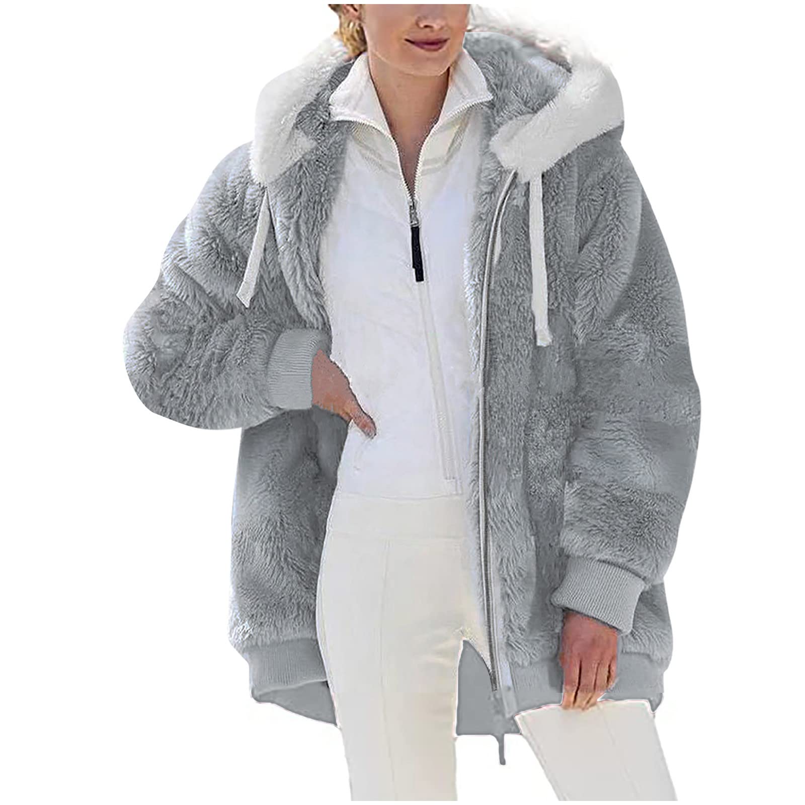 Oversized Fuzzy Fleece Jackets For Women Fashion 2023 Color Block Faux Fur Cardigan Coat Shaggy Warm Winter Outerwear fluffy jackets for women Gray 2X