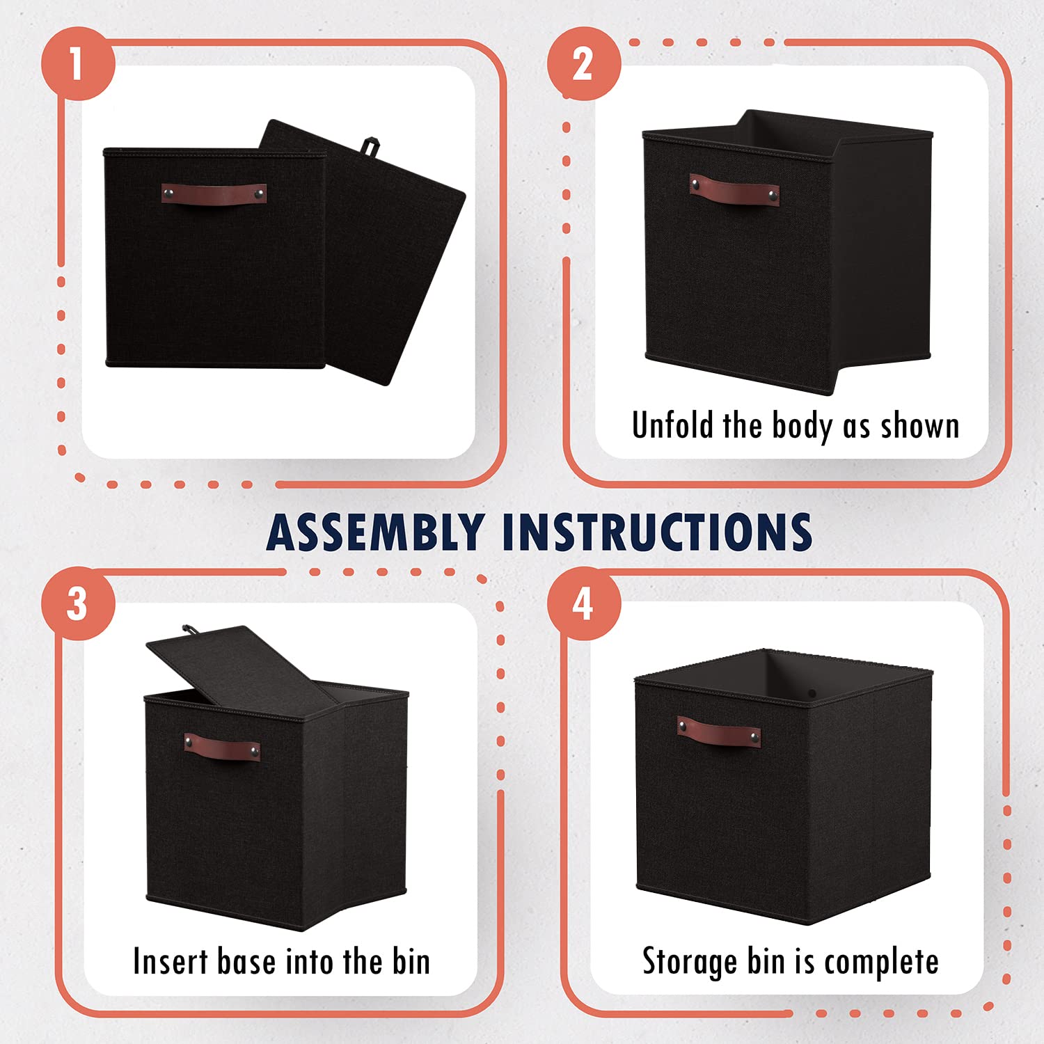 Ornavo Home 11 x 11 Storage Cube Bins, Foldable Collapsible Fabric Storage Bins Box Linen Shelf Basket Cube Organizer for Closet with Leather Handles, 6 Pack, Black