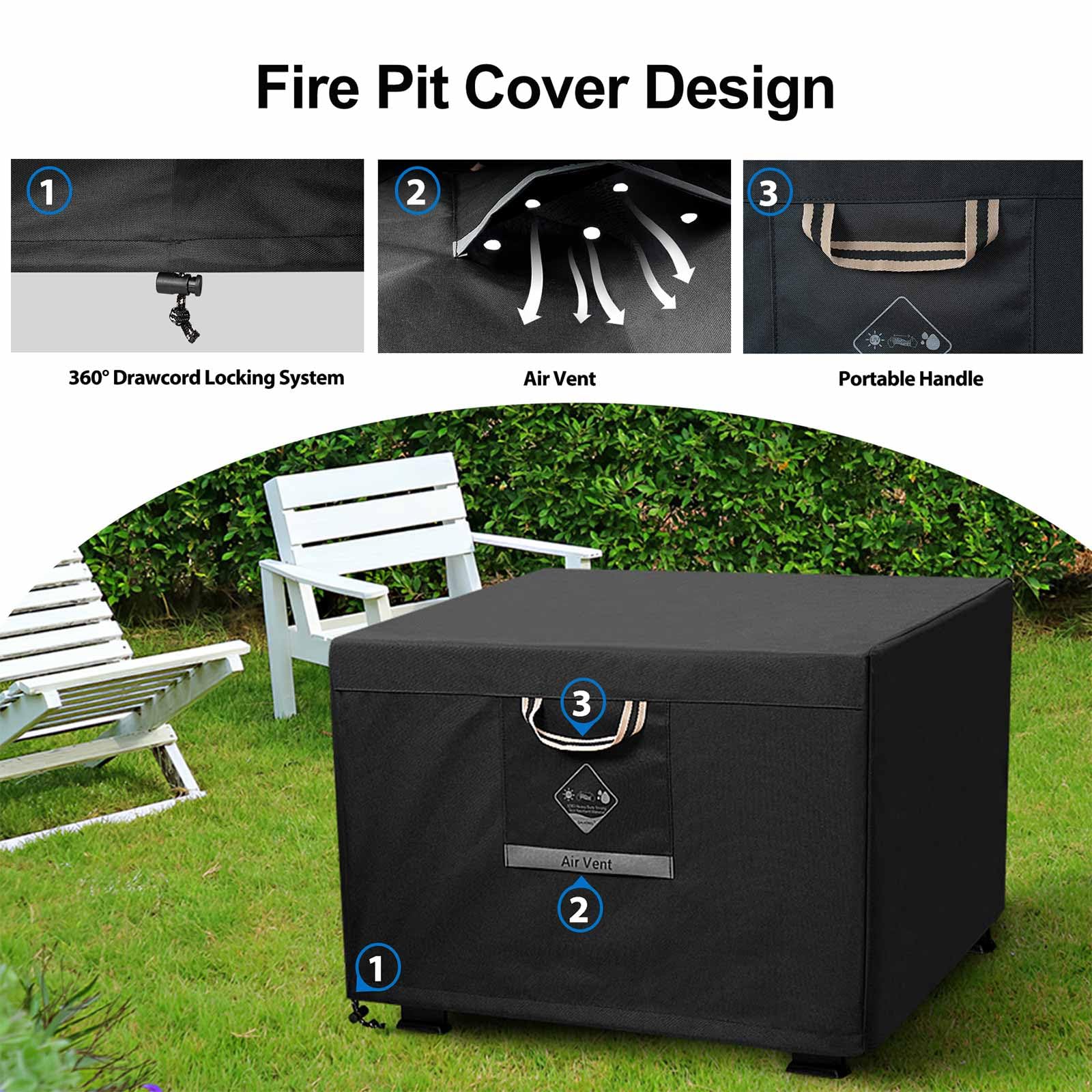 QH.HOME Fire Pit Cover Square Super Waterproof, 44" L x 44" W x 24" H Outdoor Firepit Table Cover 600D Strong Tear Resistant, UPF 50+ Fire Pit Cover Fading Resistant for Square Fire Pit - Black