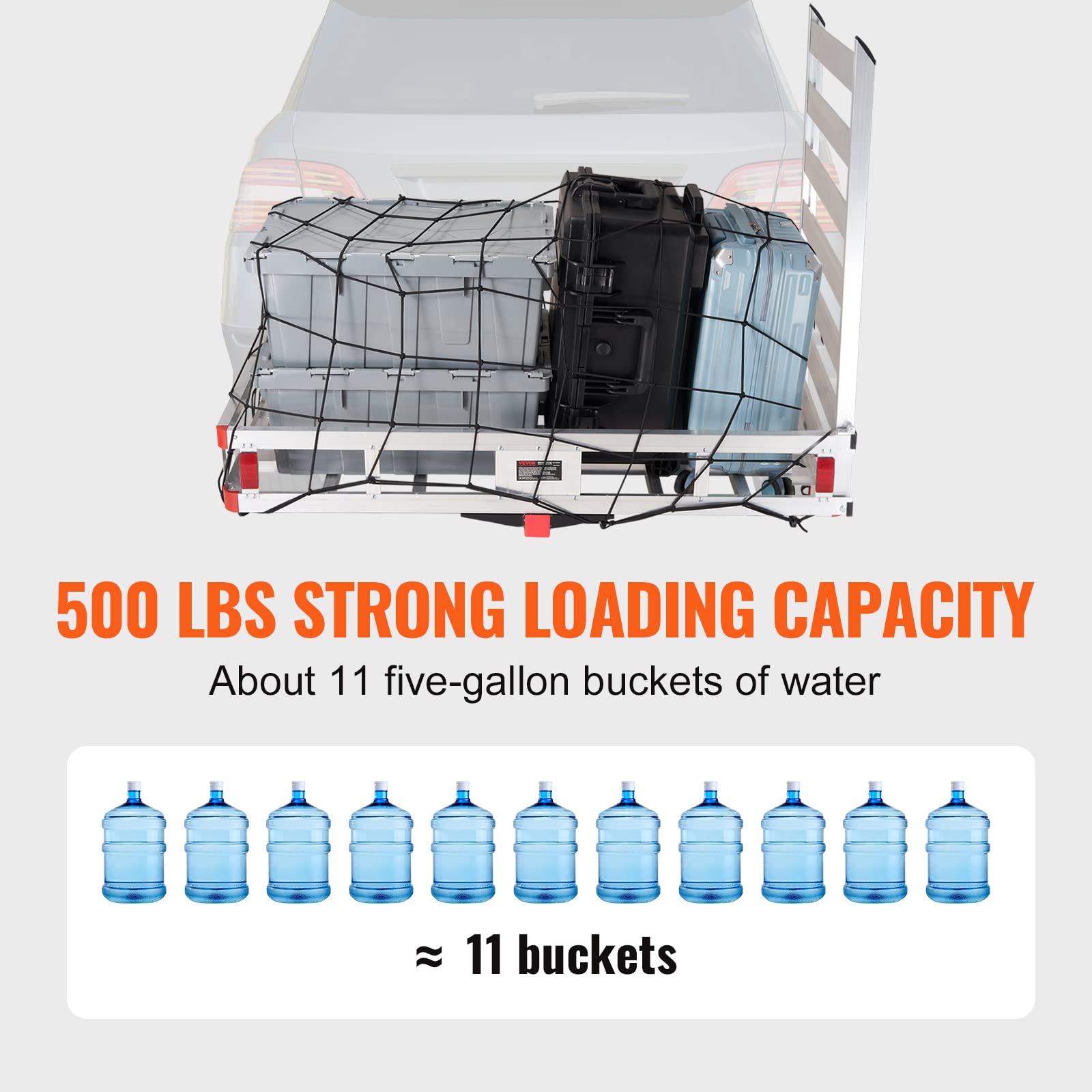 VEVOR 50 x 29.5 x 8.7 in Hitch Cargo Carrier, 500lb Capacity Trailer Hitch Mount Aluminum Cargo Basket with Folding Ramp, Luggage Carrier Rack Fits 2" Hitch Receiver for SUV Truck Pickup Camping