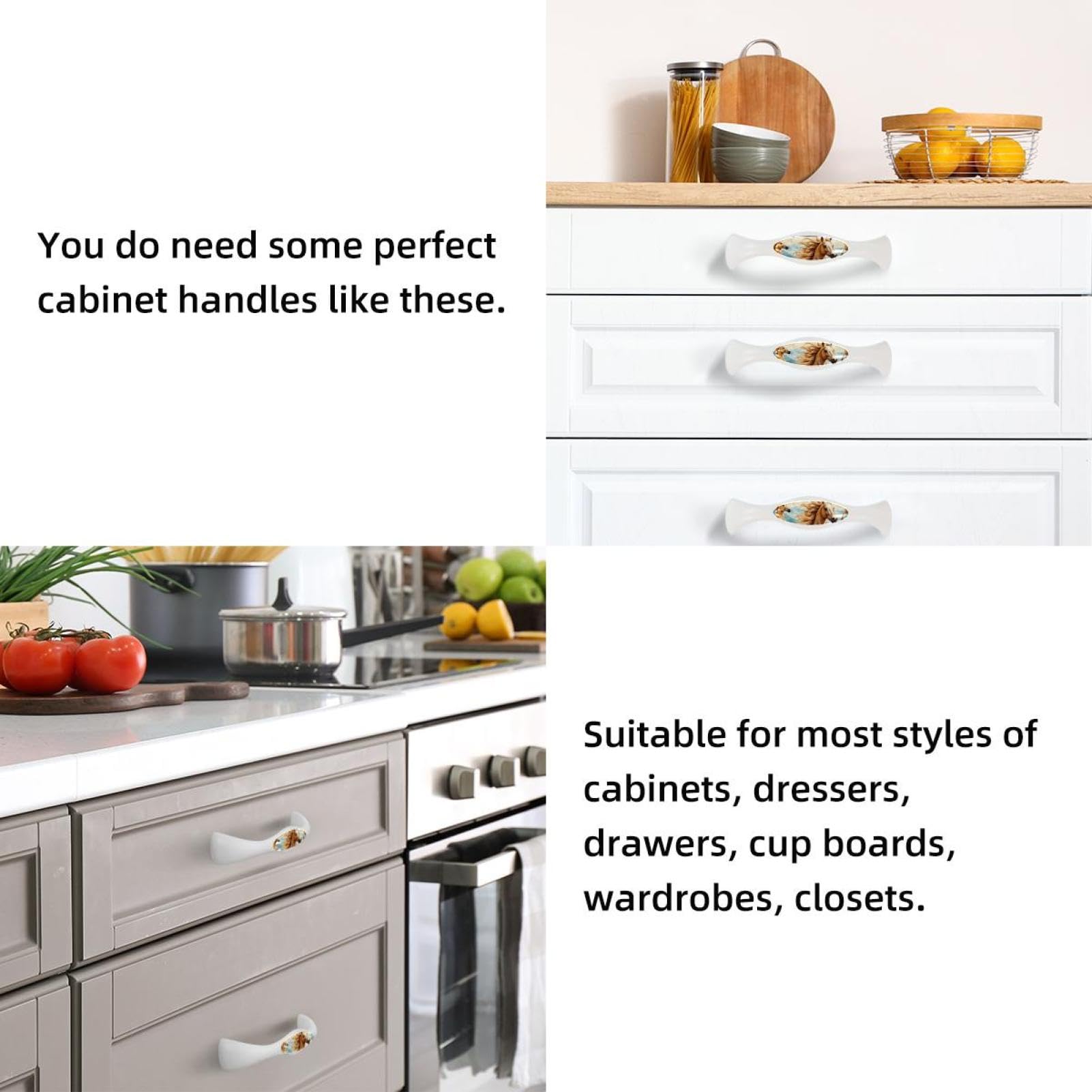 RODAILYCAY Horse 4 Packs Kitchen Drawer Pulls, Crystal Glass Cabinet Handles Pulls, Cupboard Door Knobs, Kitchen Hardware Pulls for Dresser Drawers