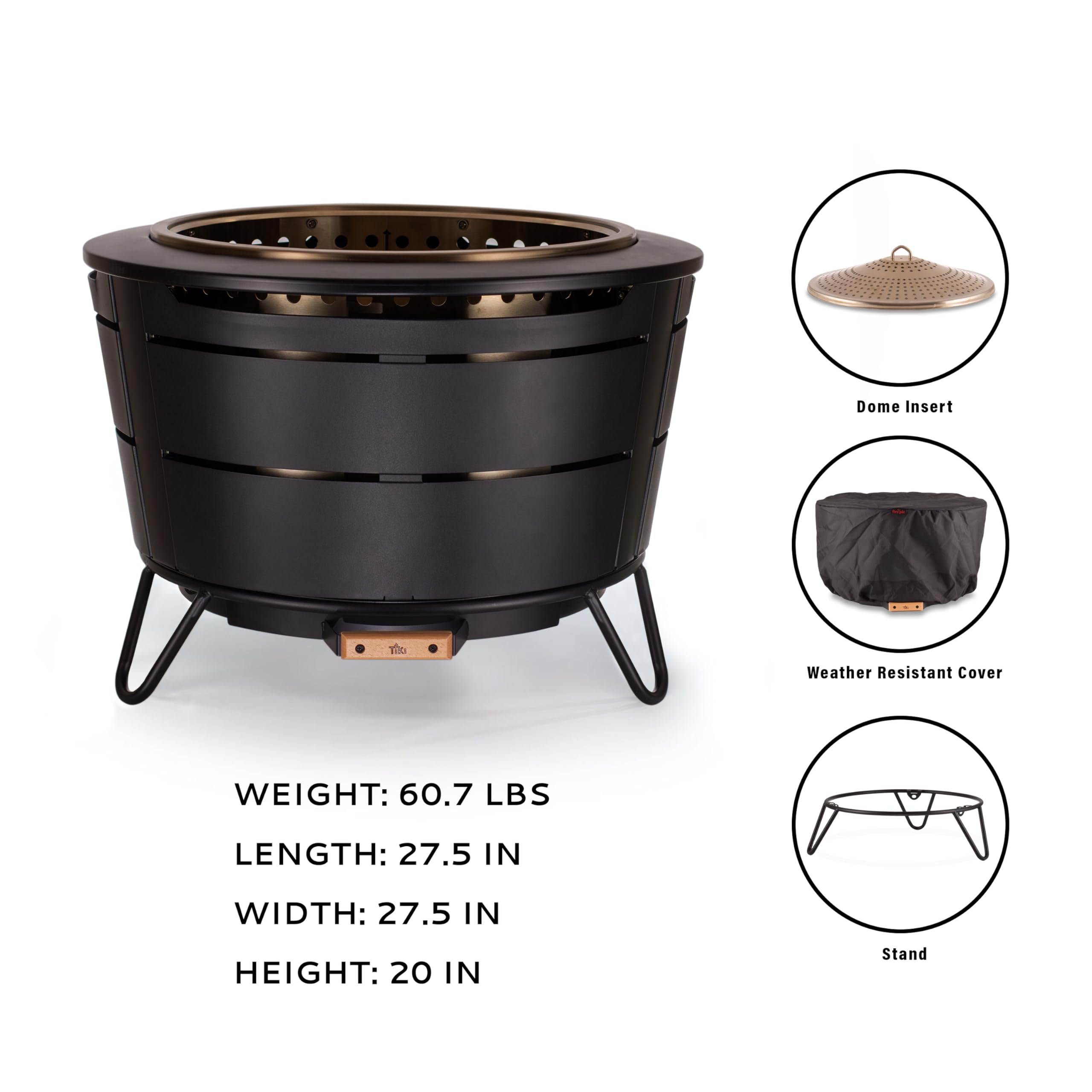 TIKI 27.5-Inch Smokeless Reunion Fire Pit, Large Outdoor Fire Pit for Gatherings, Wood Burning with Removable Ash Pan & Weather-Resistant Cover, Modern Black Design โ Perfect for Patio & Backyard
