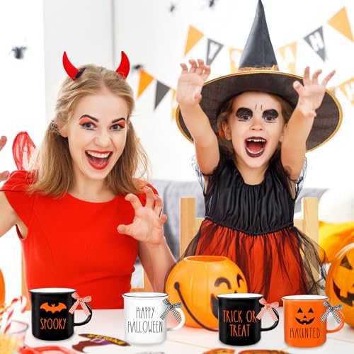 Whaline 6Pcs Halloween Mini Mugs with Plaid Ribbon Pumpkin Bat Mini Coffee Mug Halloween Party Cups for Table Centerpieces Tiered Tray Decor Gifts