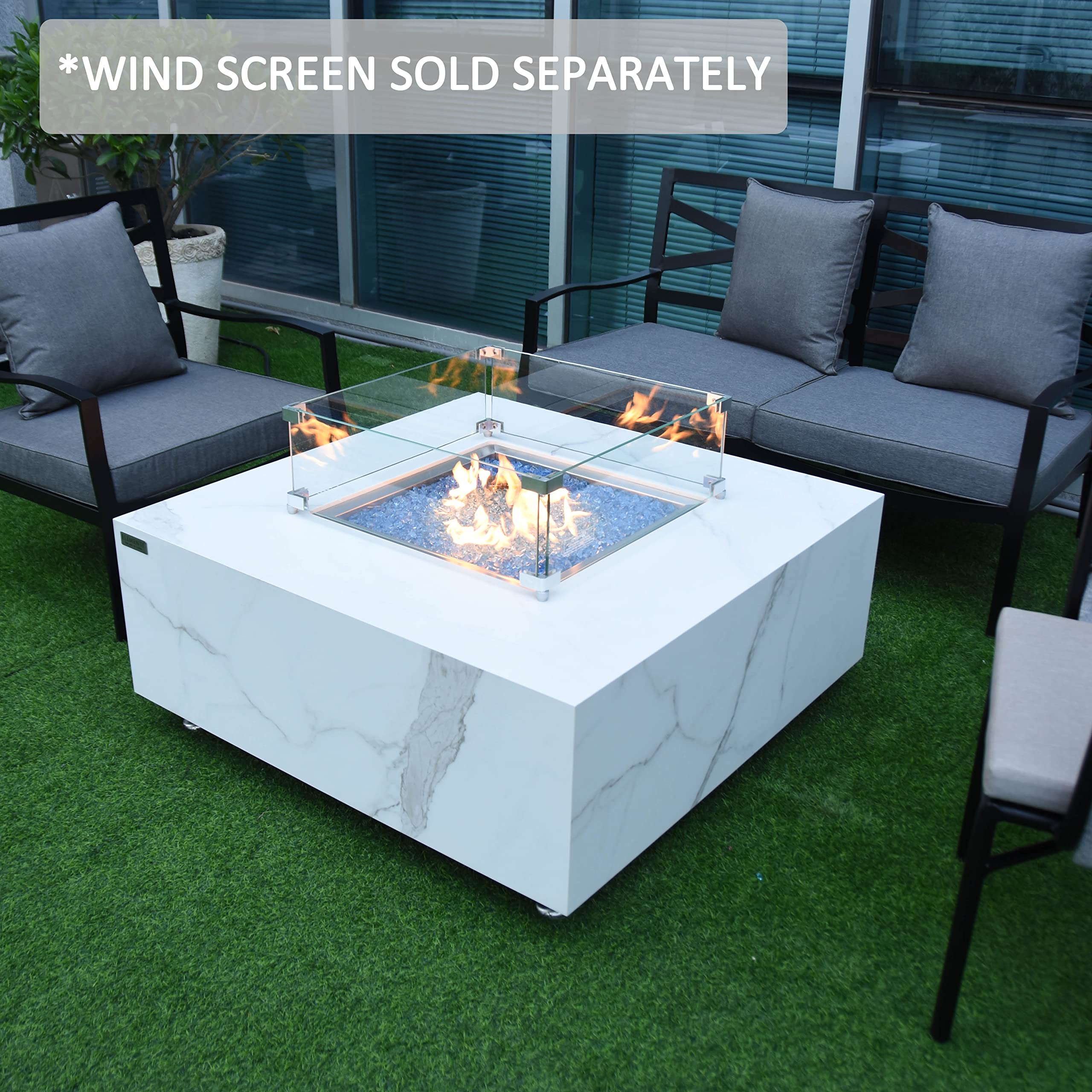 ELEMENTI Outdoor Fire Table Natural Gas 60,000 BTUs Firepit Patio Coffee Table, Backyard Fireplace Marble Porcelain Square Fire Pit, 17Inch-High,Bianco Series