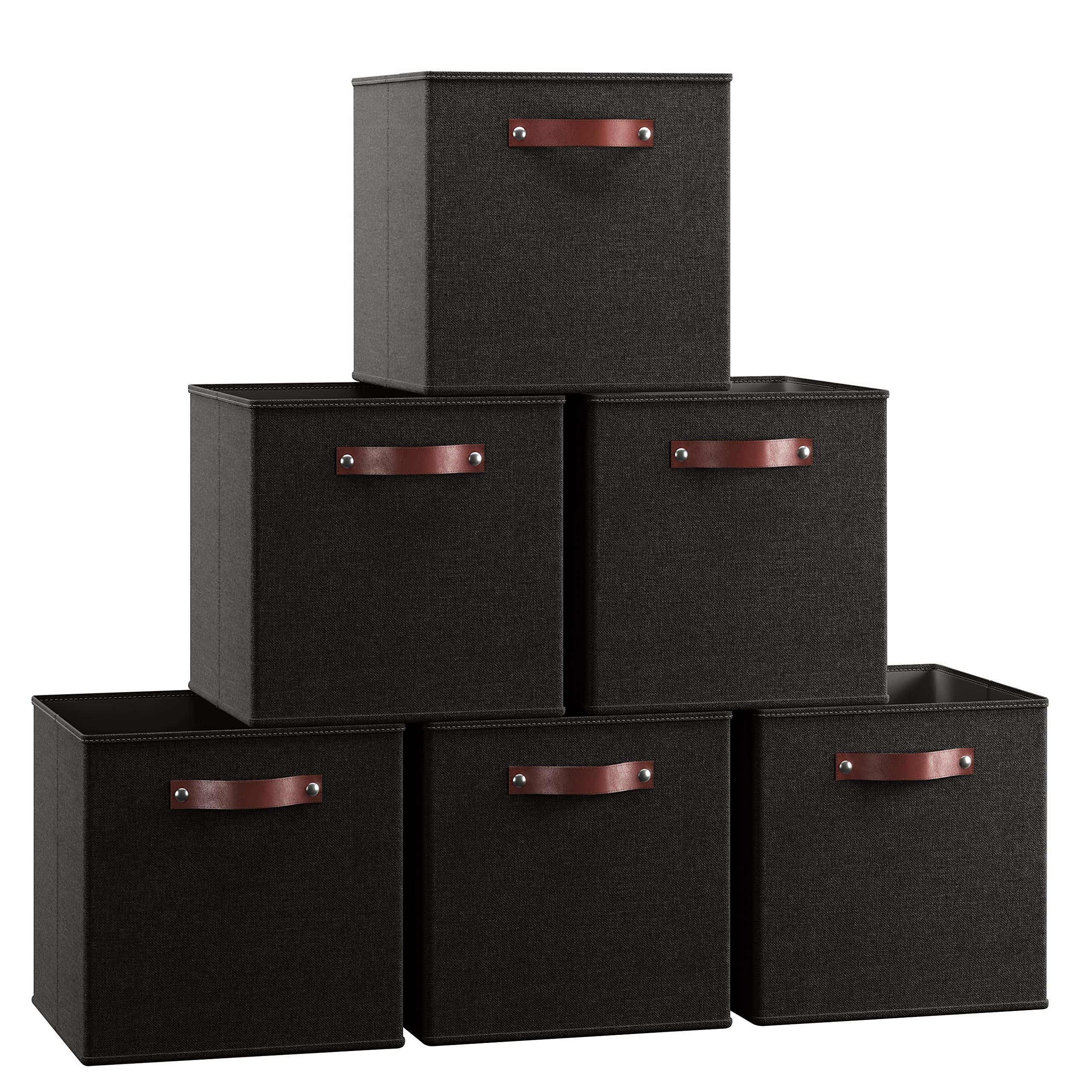 Ornavo Home 11 x 11 Storage Cube Bins, Foldable Collapsible Fabric Storage Bins Box Linen Shelf Basket Cube Organizer for Closet with Leather Handles, 6 Pack, Black