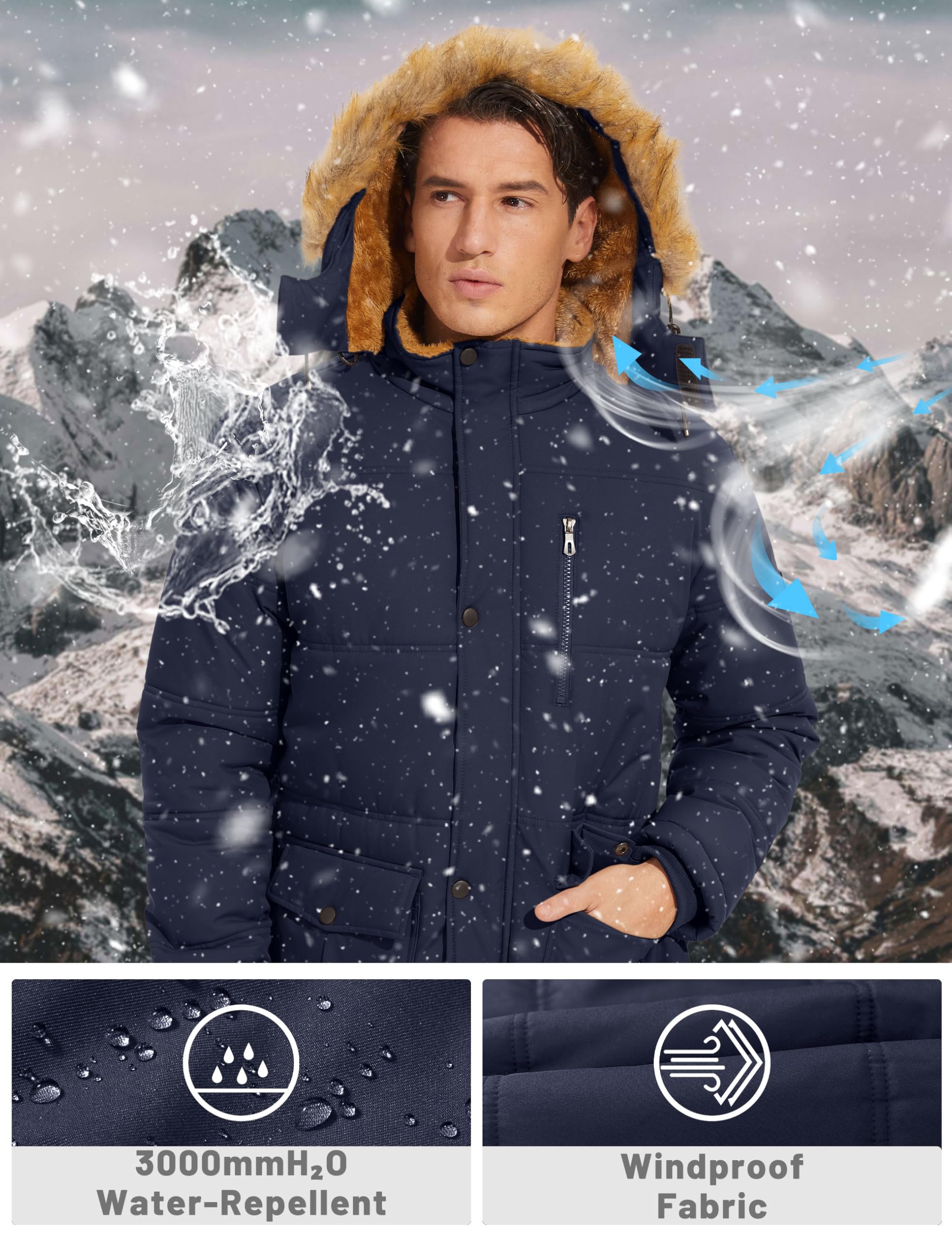 TACVASEN Men's Winter Coat Cold Weather Windbreaker Snow Coats Thick Fleece Jacket Navy, XL