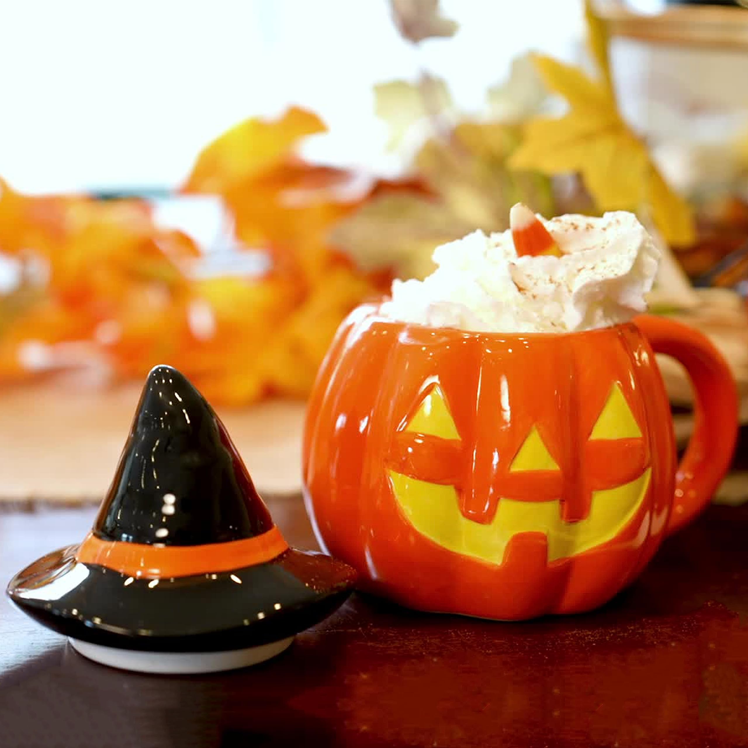 Mr. Halloween Ceramic Jack O Lantern Coffee Mug with Spoon | Trick or Treat Tea Cup with Lid, Orange, 18 Ounces