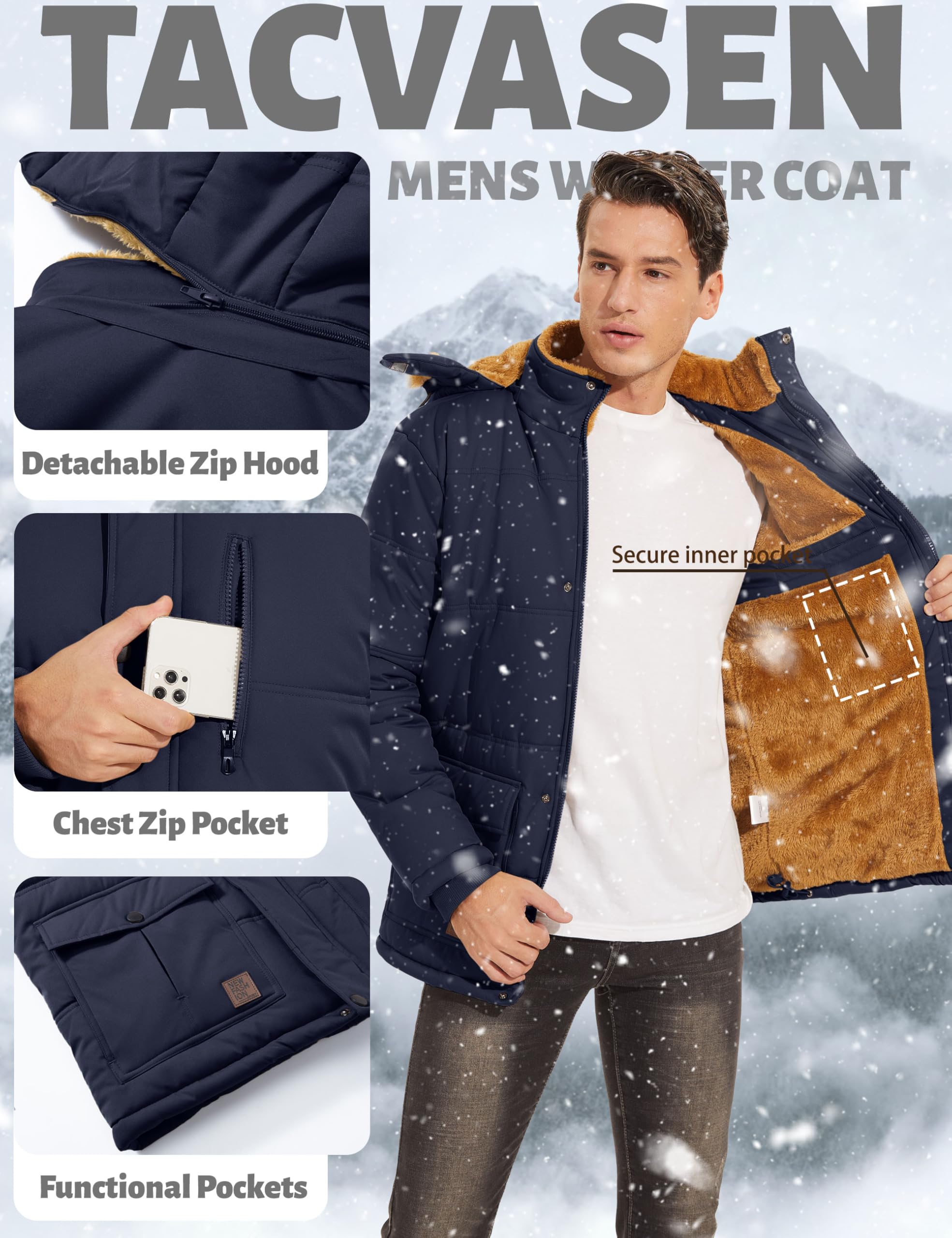 TACVASEN Men's Winter Coat Cold Weather Windbreaker Snow Coats Thick Fleece Jacket Navy, XL