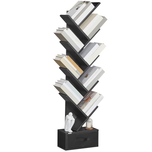 MAHANCRIS Tree Bookshelf, 9-Tier Bookshelf with Drawer, Wooden Book Storage Rack, Floor Standing Bookcase, Utility Organizer Shelves for CDs/Books/Movies, for Living Room, Home Office, Black BKB7101