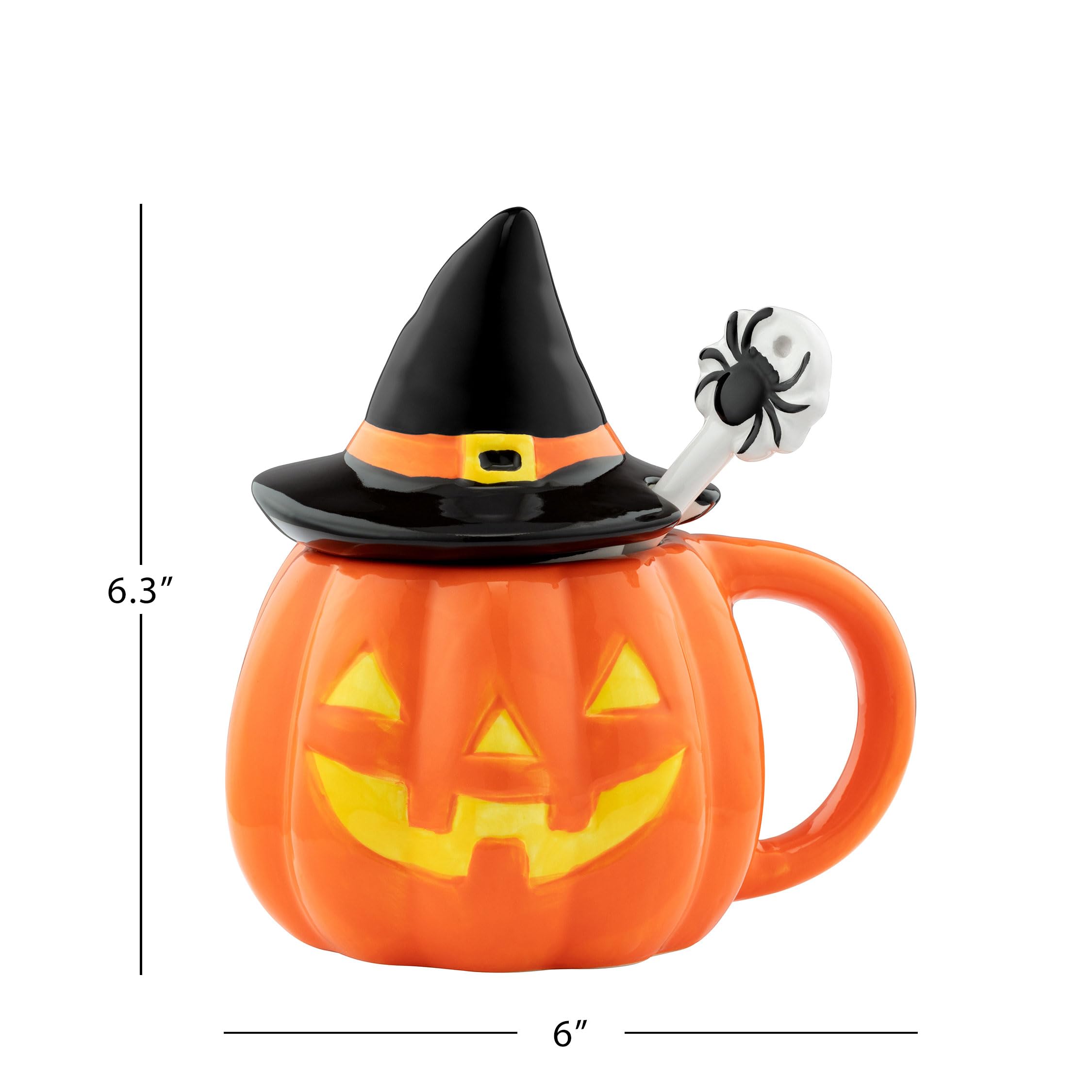 Mr. Halloween Ceramic Jack O Lantern Coffee Mug with Spoon | Trick or Treat Tea Cup with Lid, Orange, 18 Ounces