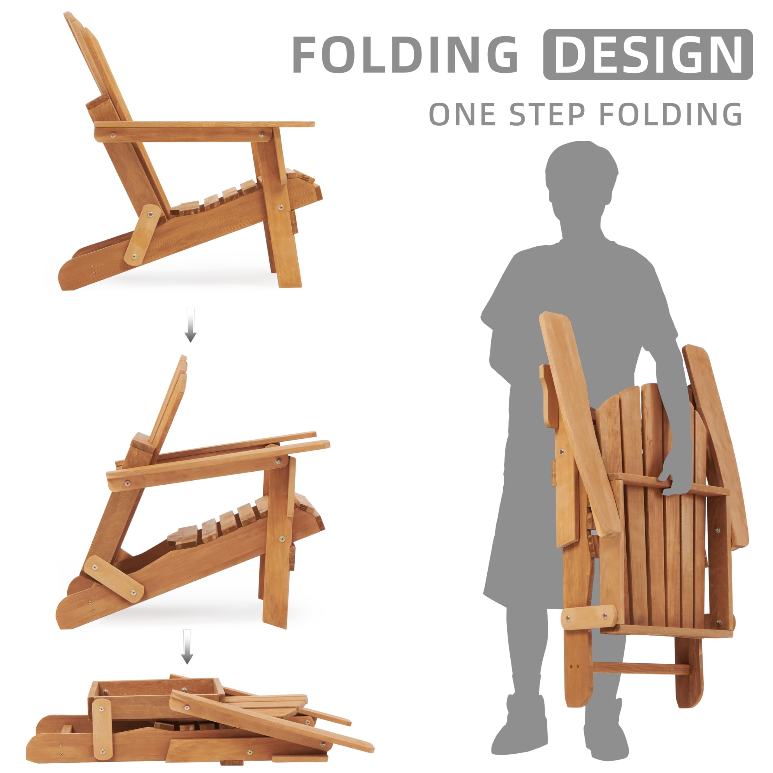 Oversize Wooden Outdoor Folding Adirondack Chair with Pre-Assembled BackRest & SeatBoard, Wood Patio Chair for Garden Backyard Porch Pool Deck Firepit